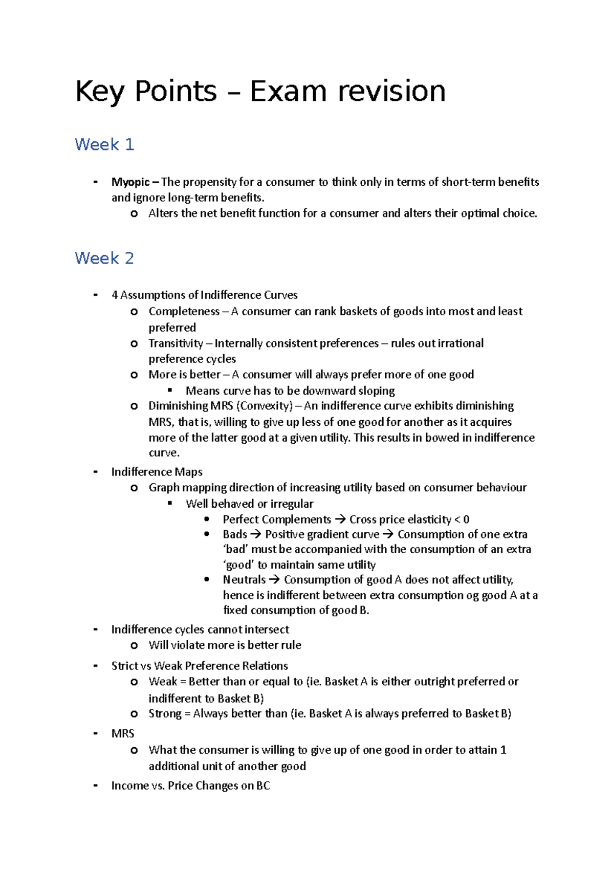 Intermediate Micro - Key Points Revision - Key Points Exam revision ...