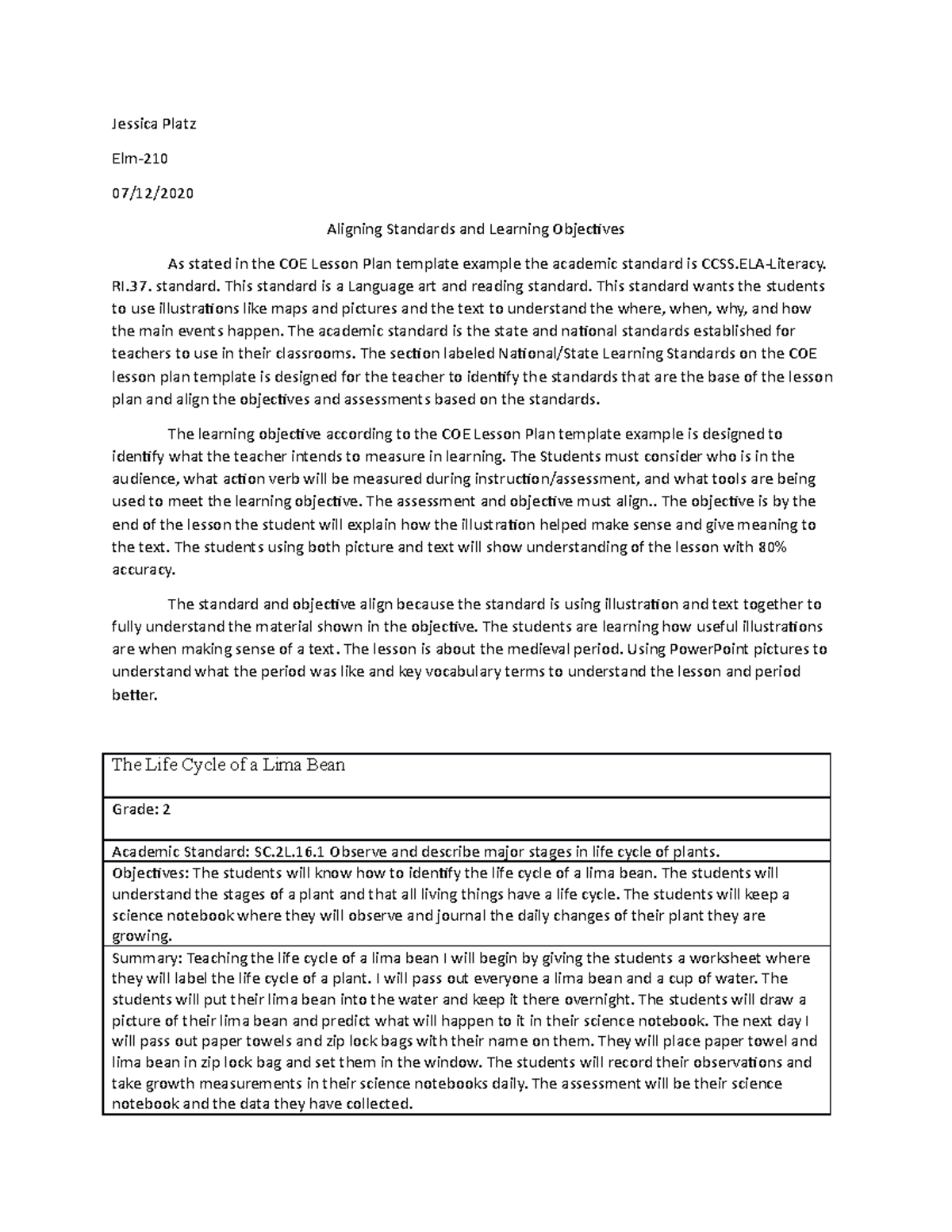 Elm-210 alignigning and learning - Jessica Platz Aligning Standards and ...