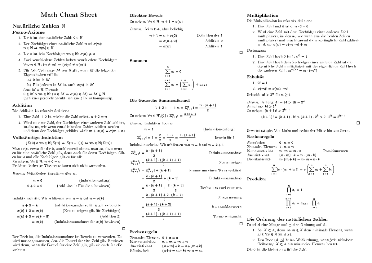 Cheatsheet math - Zusammenfassung Mathematik - Math Cheat Sheet Zahlen ...