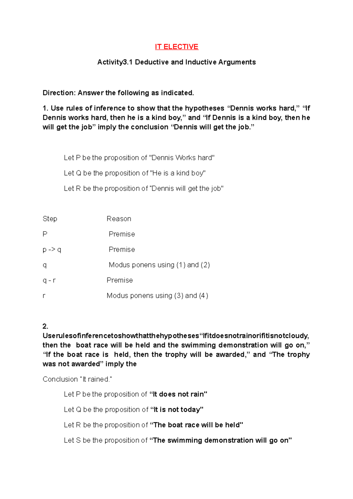 Deductive And Inductive Arguments It Elective Activity3 Deductive And Inductive Arguments