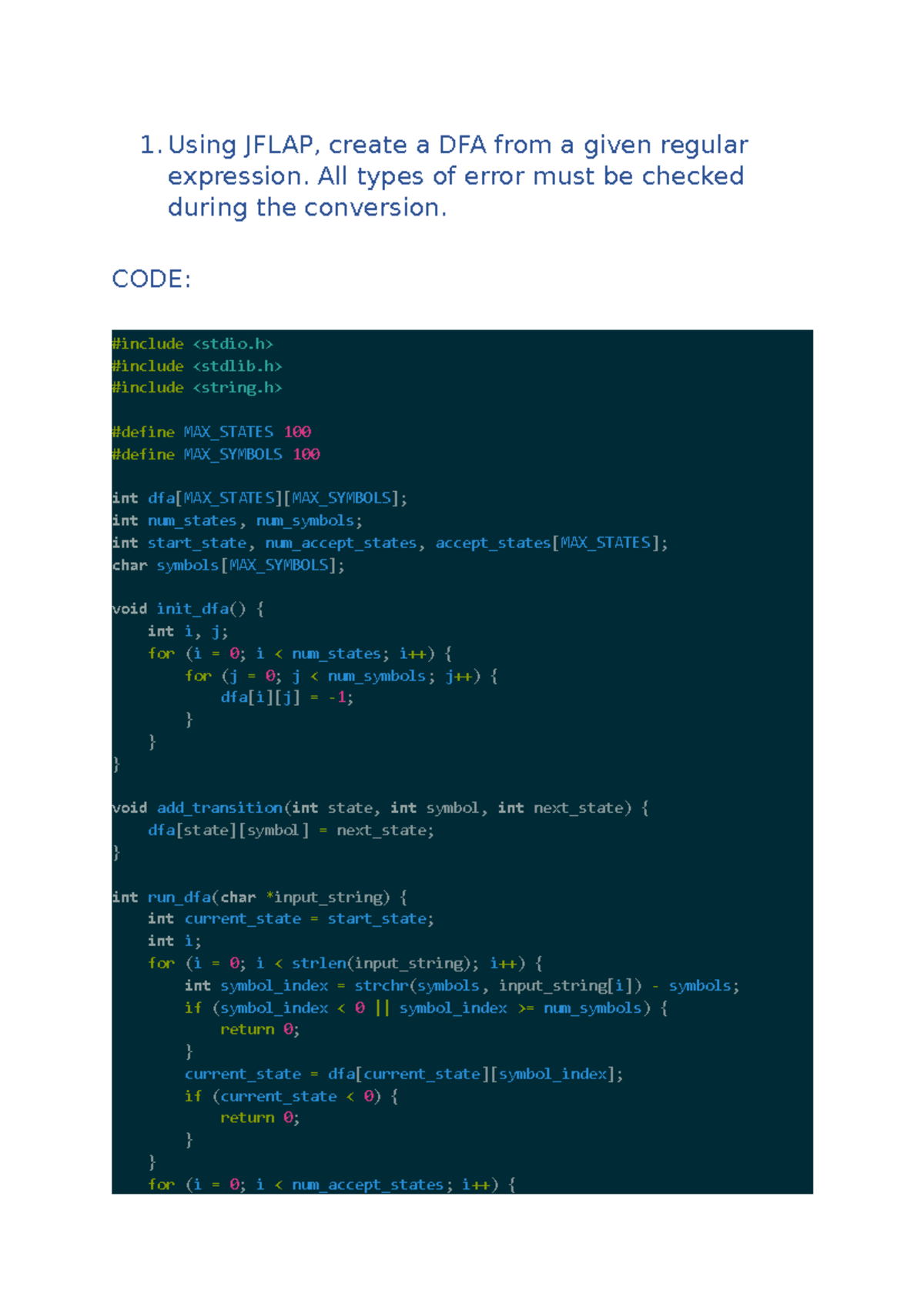 Using Jflap - nothing - 1. Using JFLAP, create a DFA from a given ...