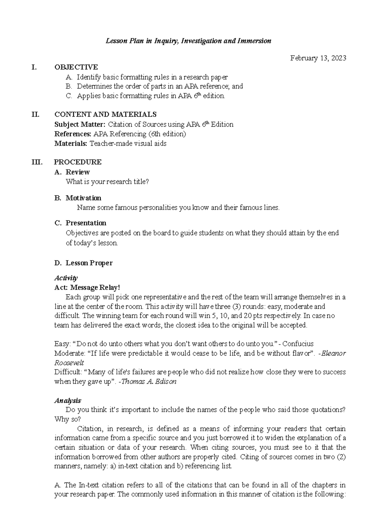 Sample Lesson Plan in 3I - Lesson Plan in Inquiry, Investigation and ...