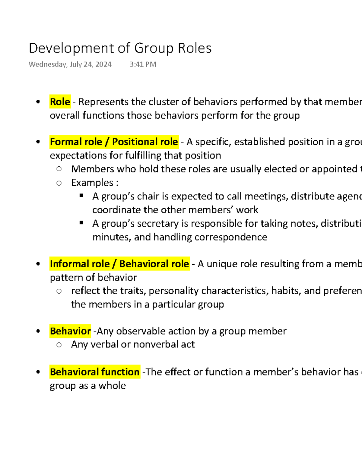 Module 4 Development of Group Roles - Role - Represents the cluster of ...