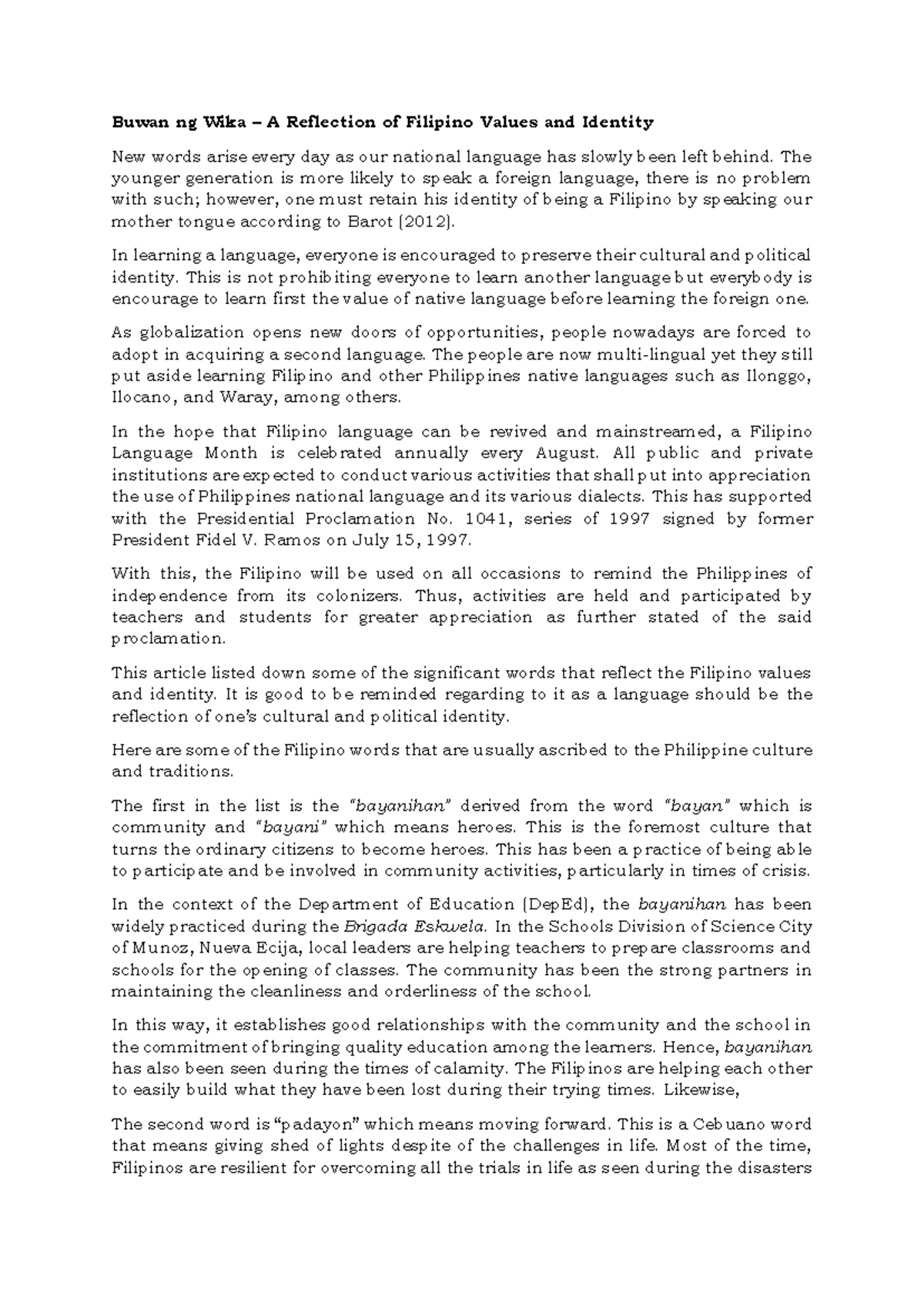 Buwan ng Wika A Reflection of Filipino Values and Identity - Buwan ng ...