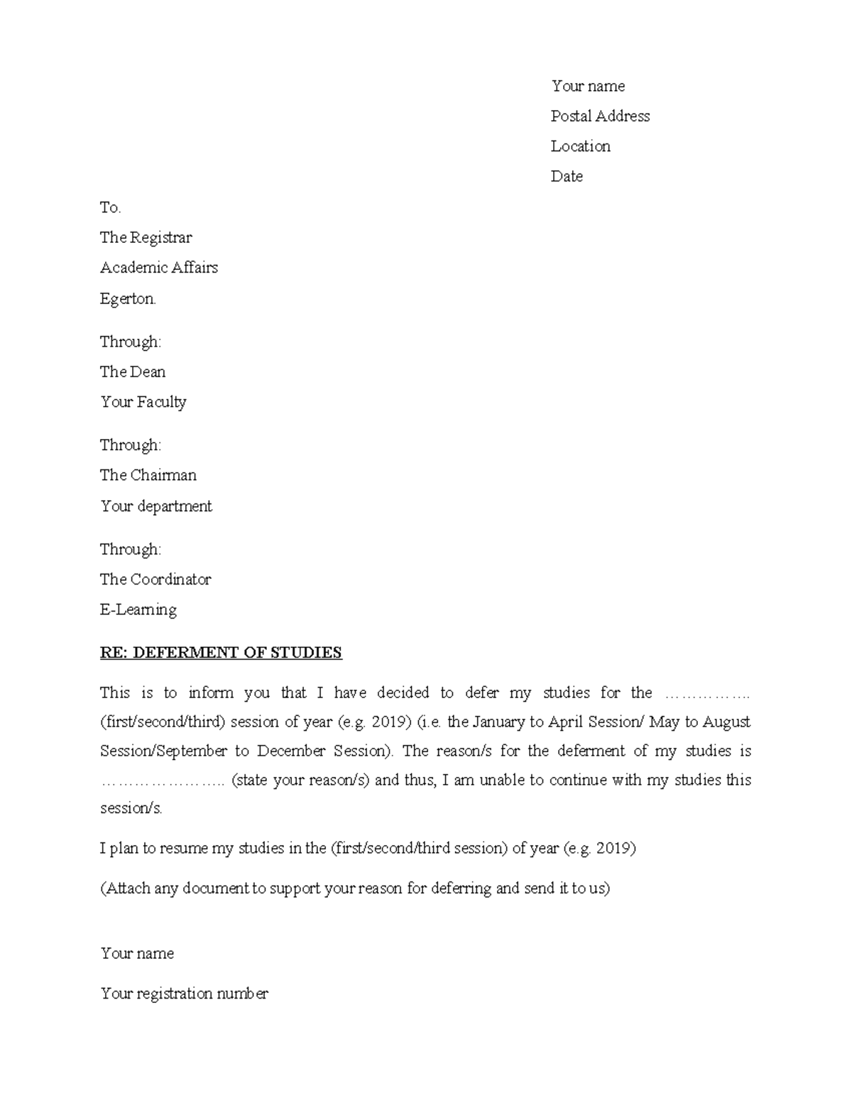 Deferment Sample Your Name Postal Address Location Date To The