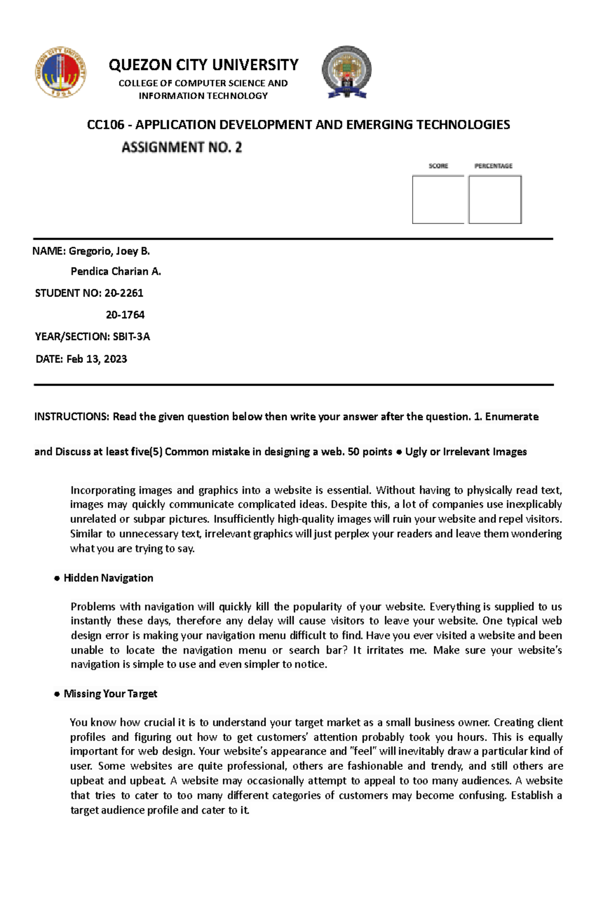 CC106 Midterm Assignment-2.docx - QUEZON CITY UNIVERSITY COLLEGE OF ...