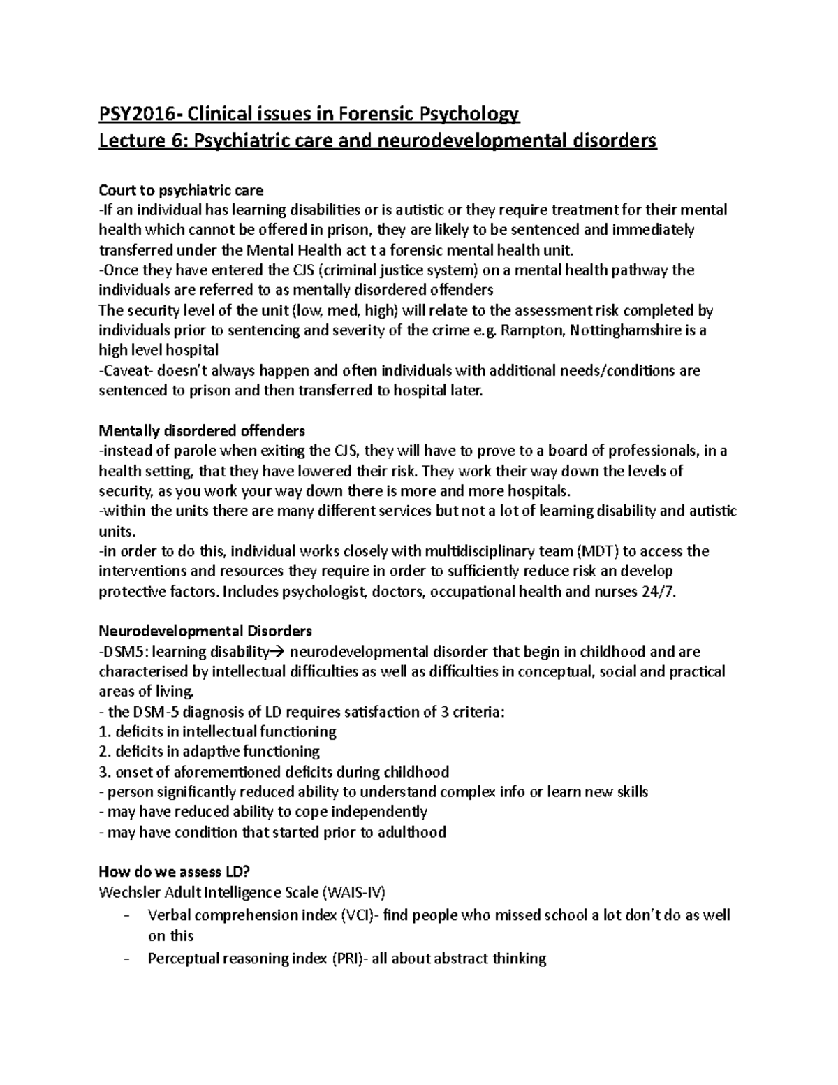 Lec6- psychiatric care, ASD and LD - PSY2016- Clinical issues in ...