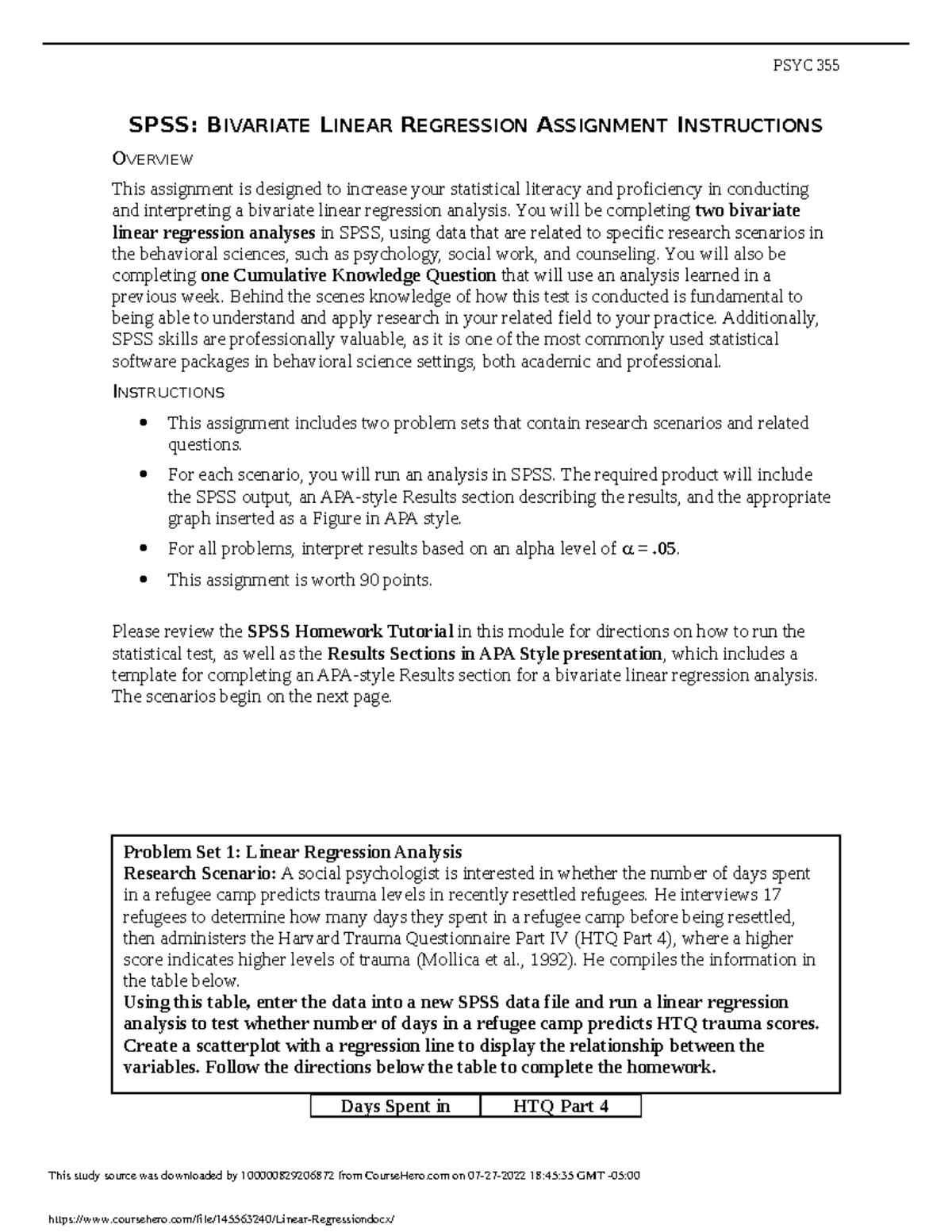 Linear Regression - SPSS: BIVARIATE LINEAR REGRESSION ASSIGNMENT INSTRUCTIONS OVERVIEW This ...