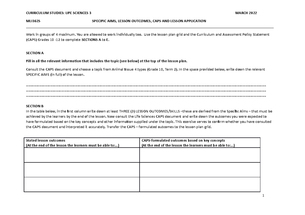 MLI362S Specific AIMS, Lesson Outcomes AND Lesson Application ...