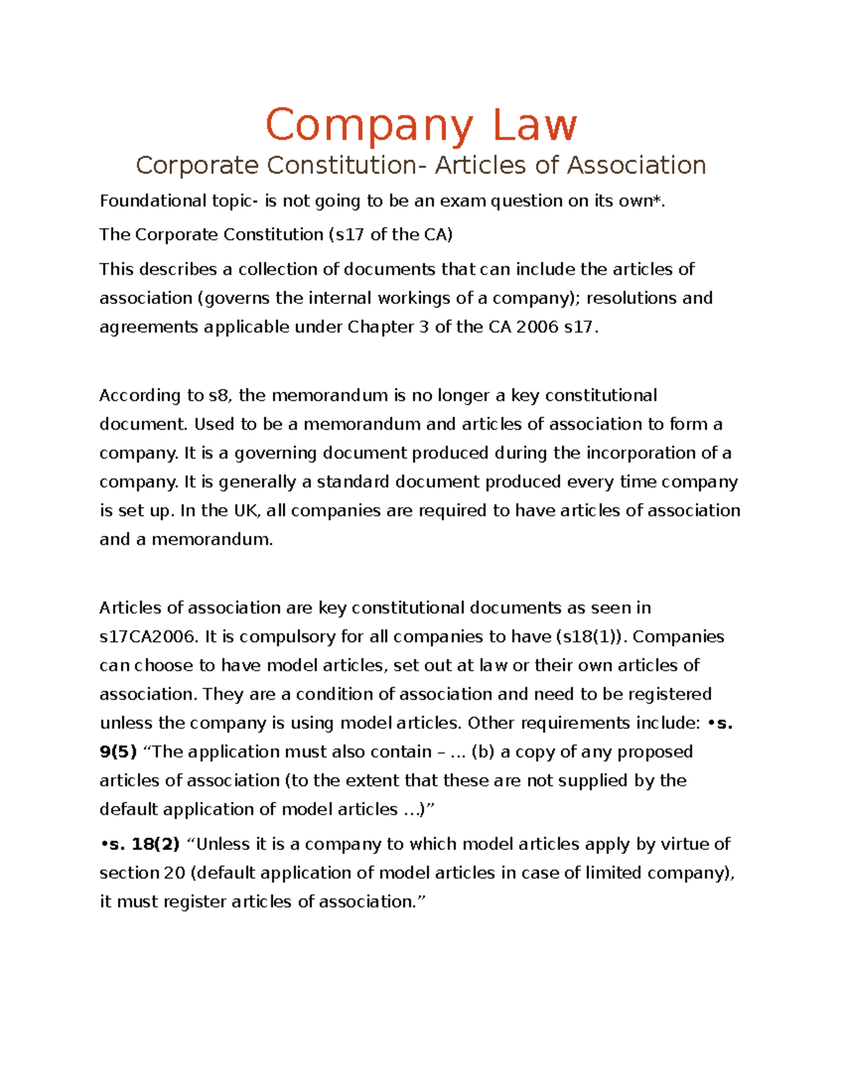 Company Law- Corporate Constitution- Articles of Association - Company ...
