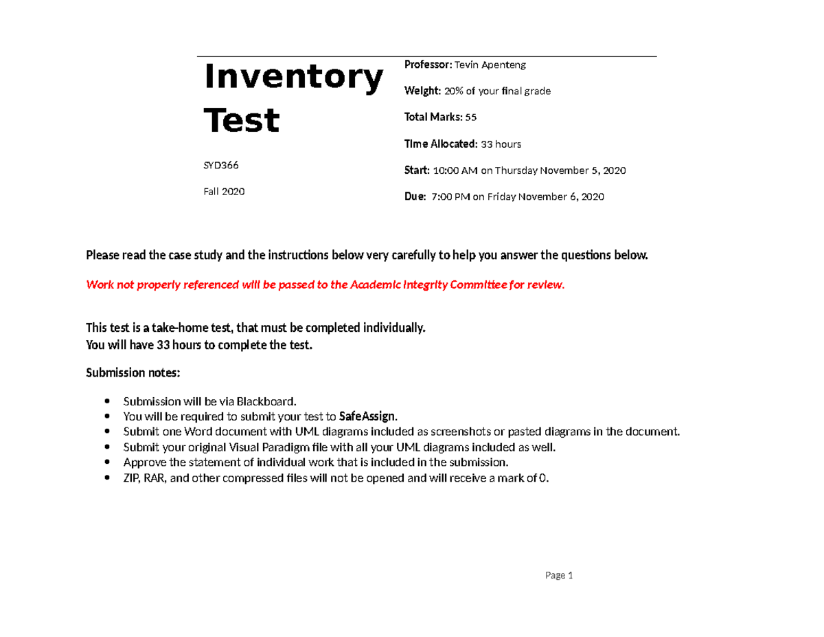 SYD366Inventory Test-General - Inventory Test Professor: Tevin Apenteng ...