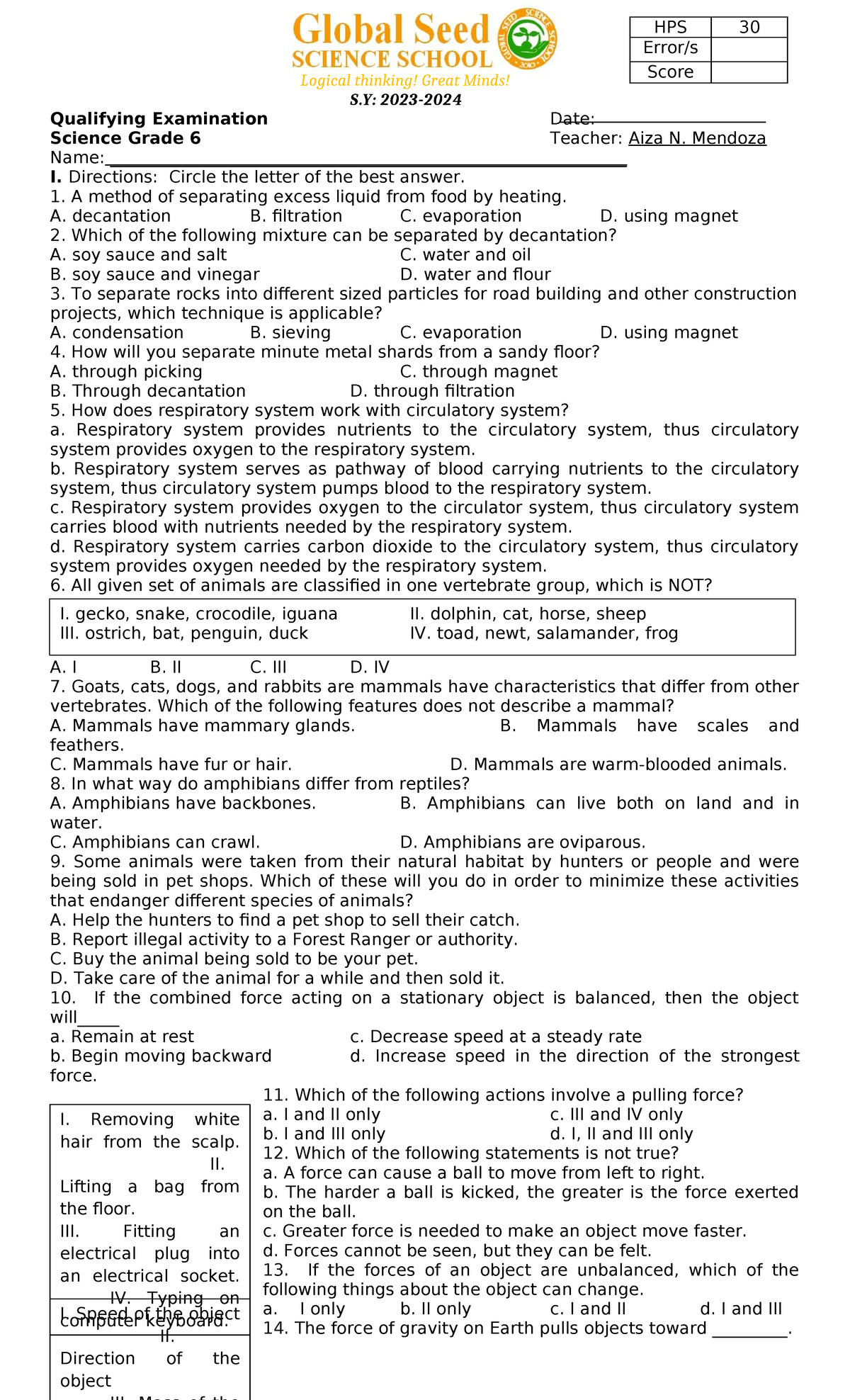 Grade 6 Science Qualifying exam - Logical thinking! Great Minds! S ...