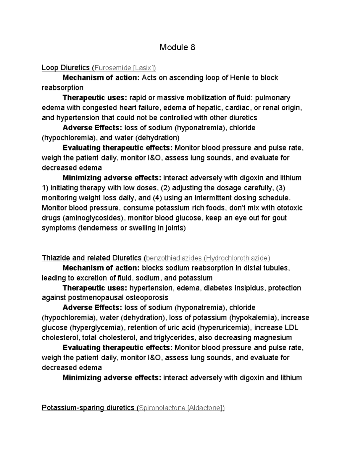 Exam 2 review Pharm - Module 8 Loop Diuretics (Furosemide [Lasix ...