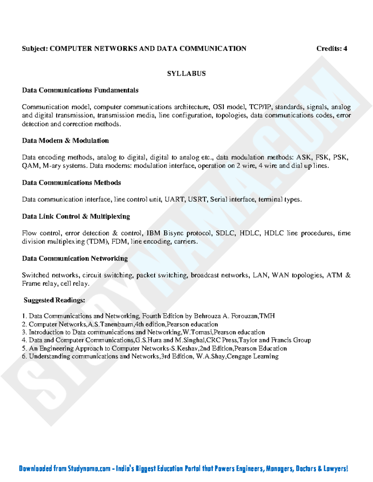 Computer Networks Data Communication - Subject: COMPUTER NETWORKS AND DATA COMMUNICATION Credits ...