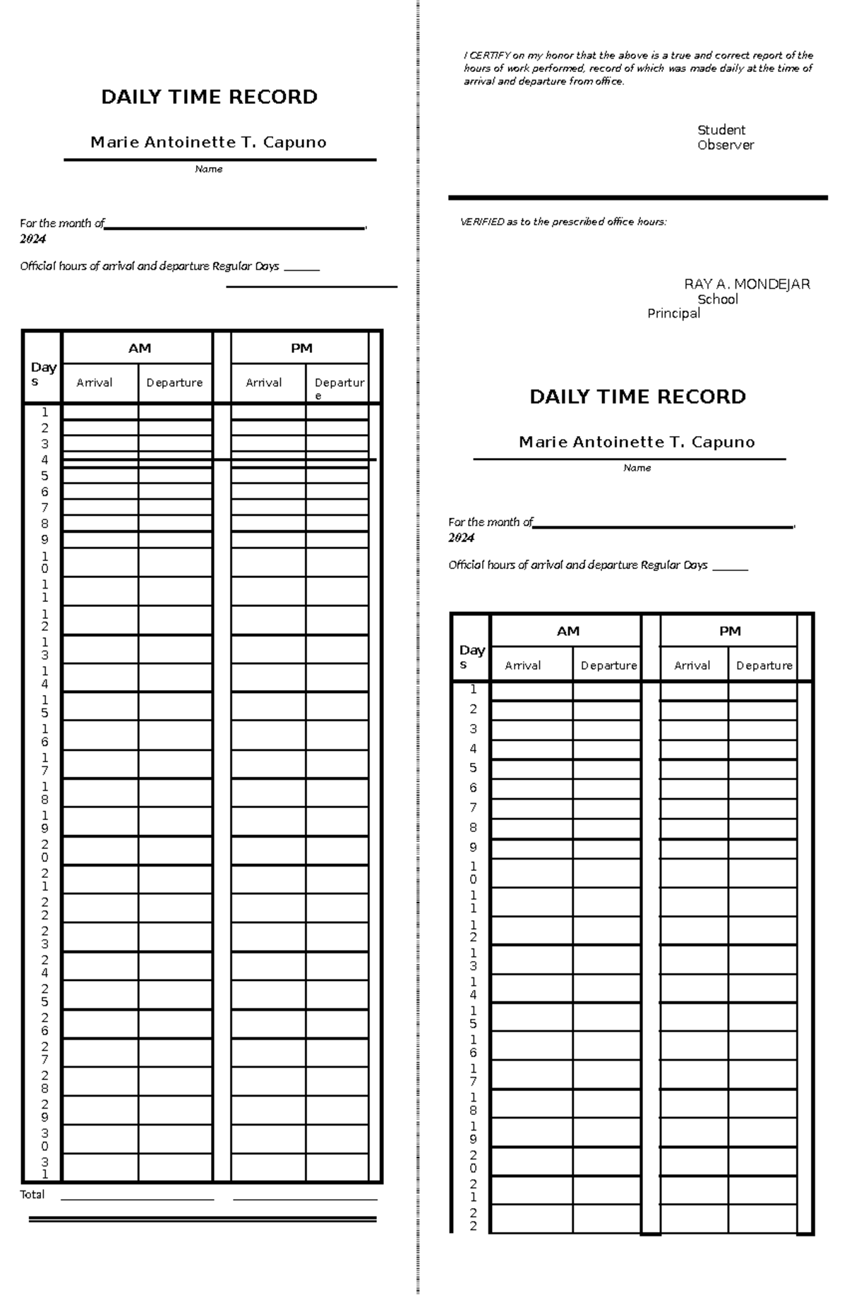 Daily-TIME- Record - DAILY TIME RECORD Marie Antoinette T. Capuno Name ...