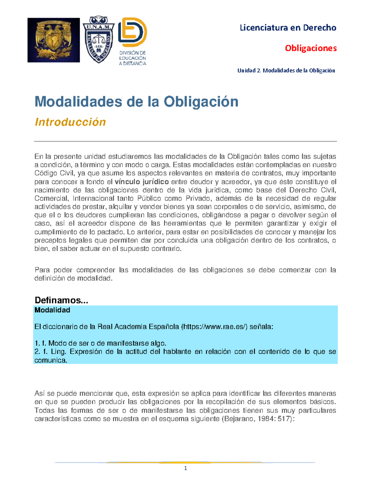 Obligaciones II - Obligaciones Unidad 2. Modalidades de la Obligación ...