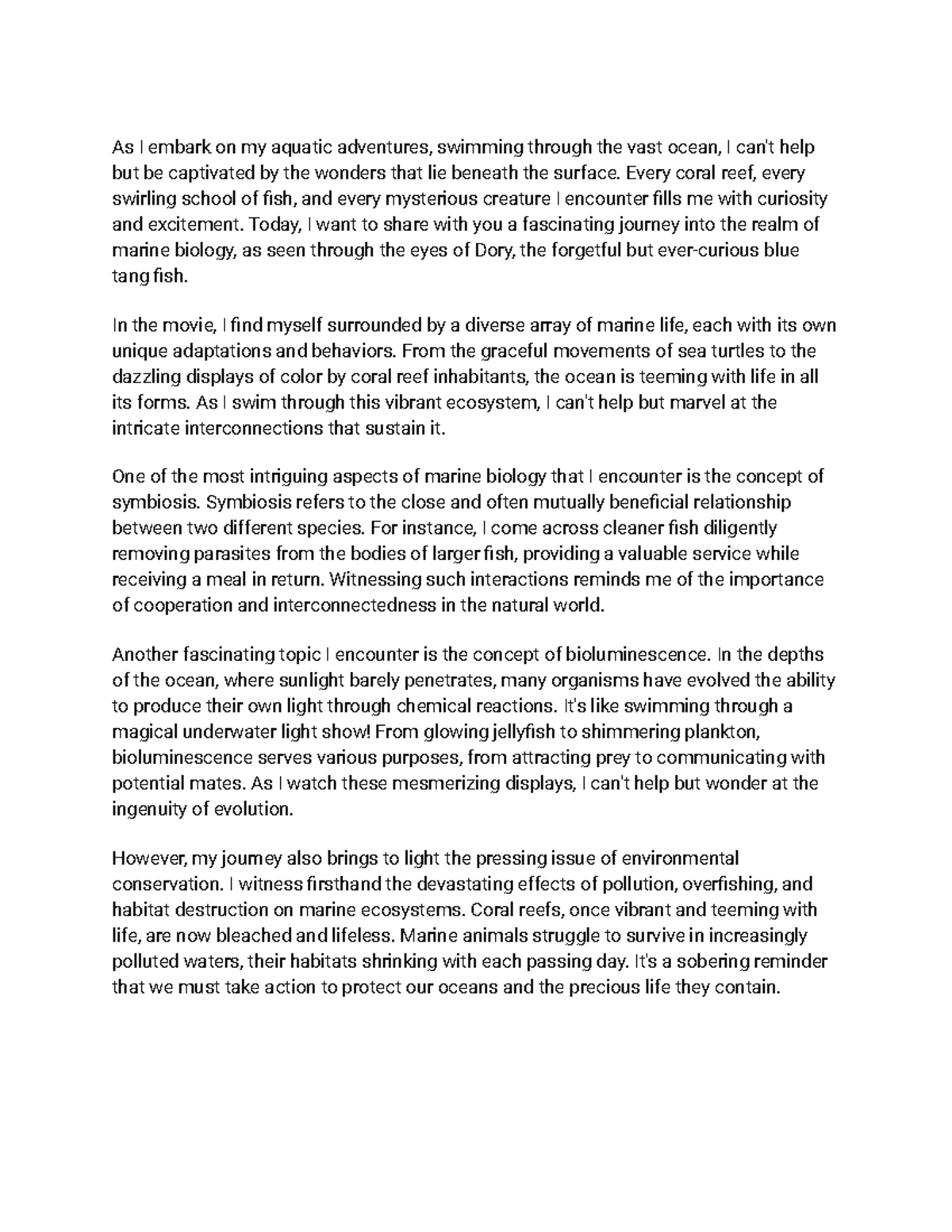 Paragraph for finding nemo - As I embark on my aquatic adventures ...