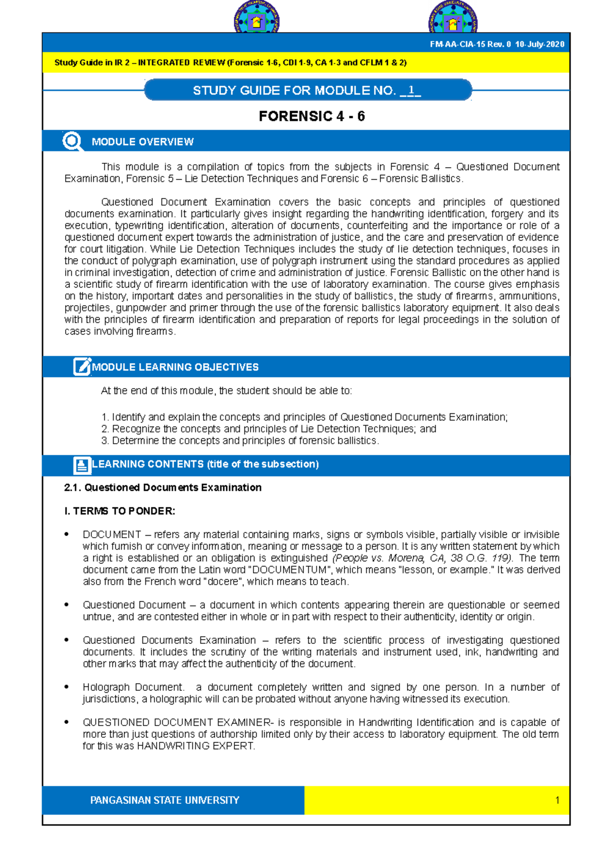 SG 2 Module 2-IR 2 - notes only - 1 FORENSIC 4 - 6 MODULE OVERVIEW This ...