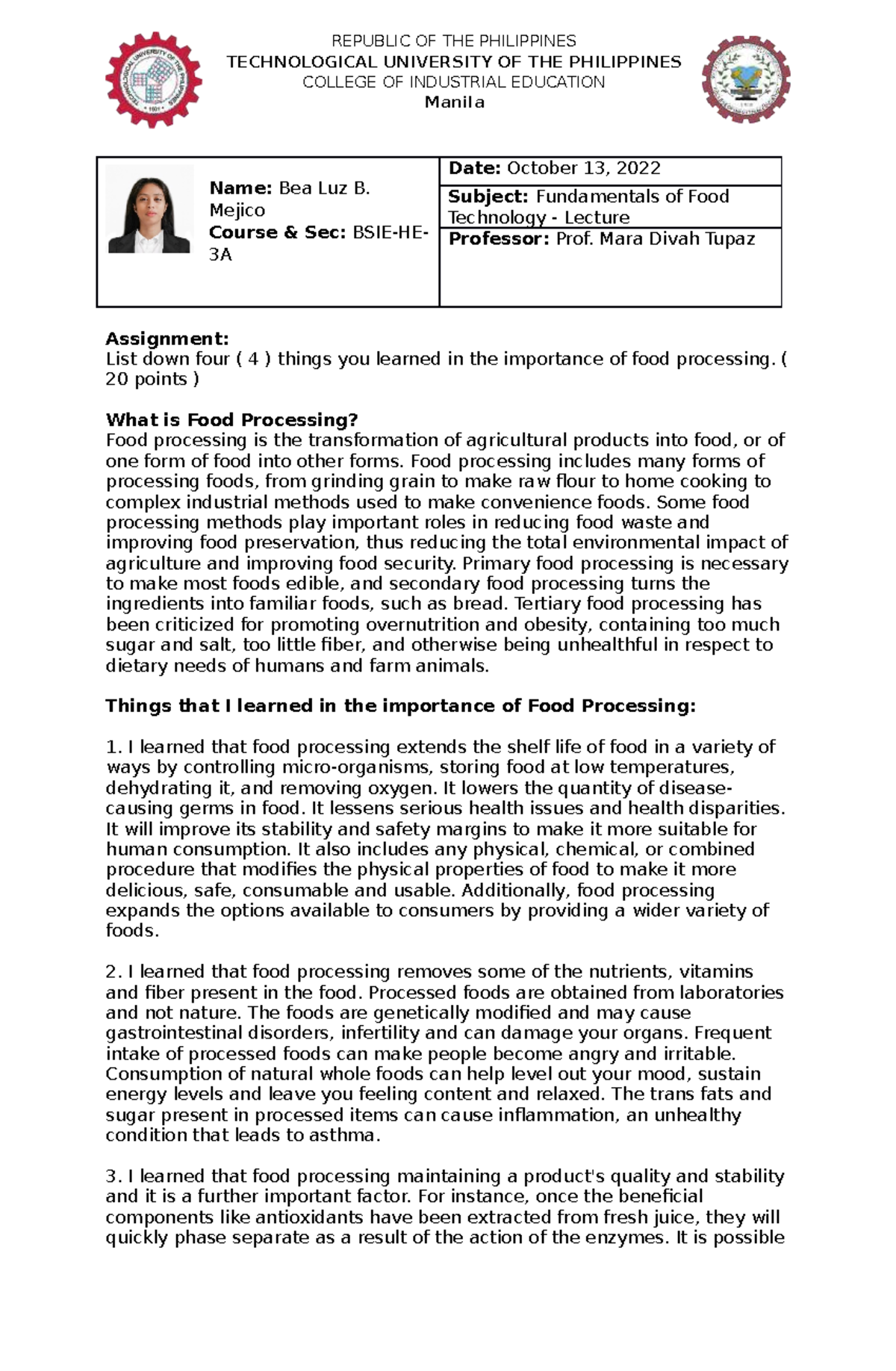 Foodtech - Assign - dknqi2nqin2oiqndub dqdnb2oidcmnn - Name: Bea Luz B ...