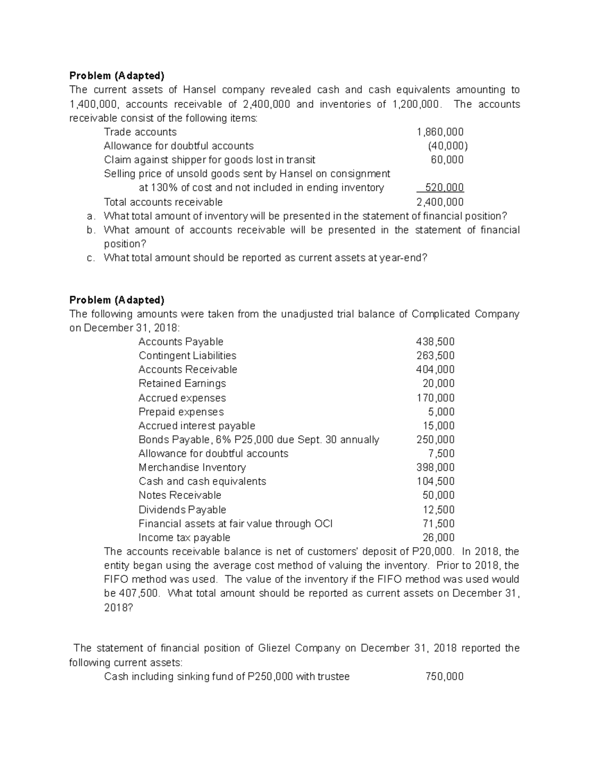 Problems - STATEMENT OF FINANCIAL POSITION - Problem (Adapted) The ...