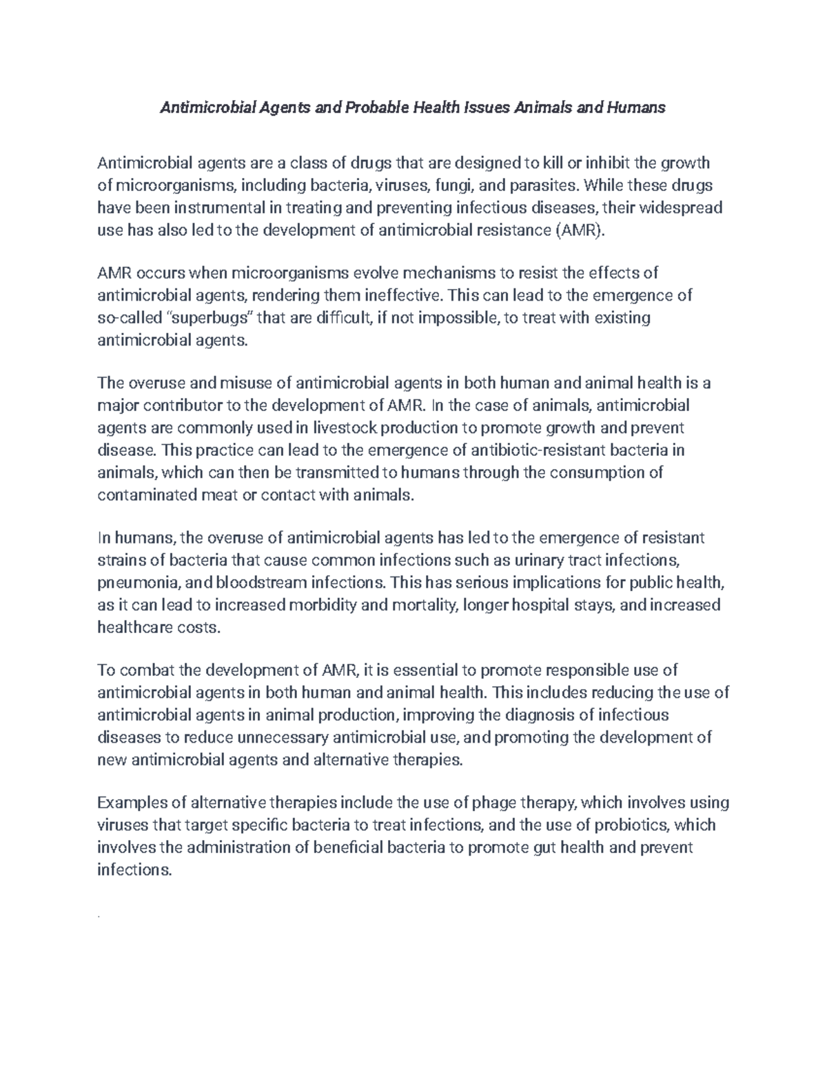 Notes on Antimicrobial Agents and Probable Health Issues Animals and ...