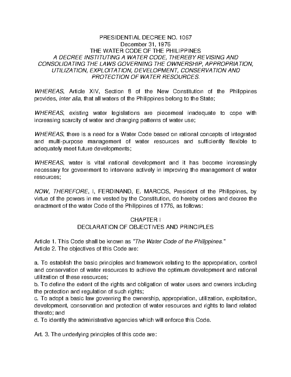 PD1607 - 6969 - PRESIDENTIAL DECREE NO. 1067 December 31, 1976 THE ...