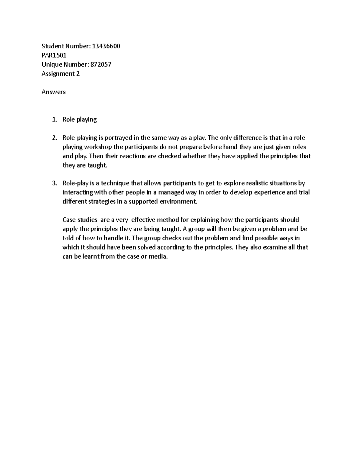 PAR1501 Ass2 - Student Number: 13436600 PAR Unique Number: 872057 ...