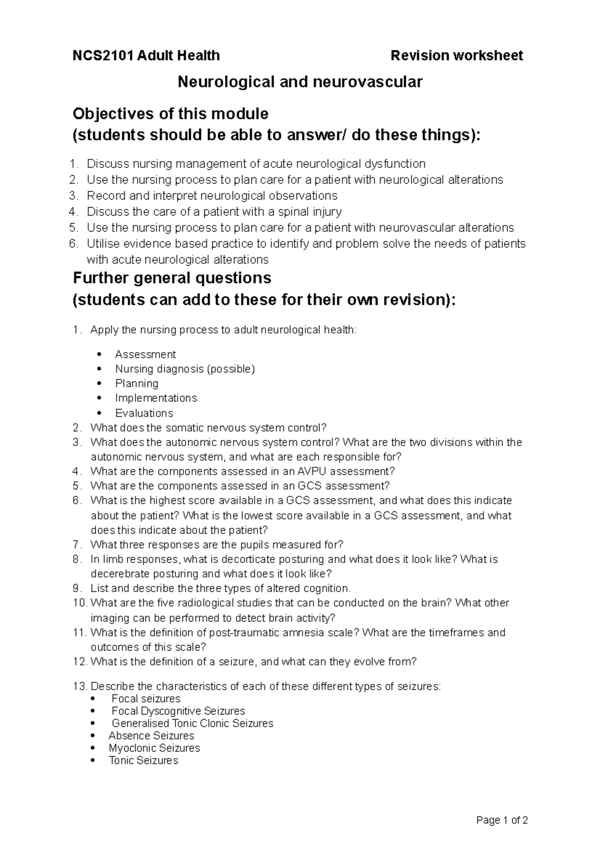 Revision worksheet - Neurological and neurovascular - NCS2101 Adult ...