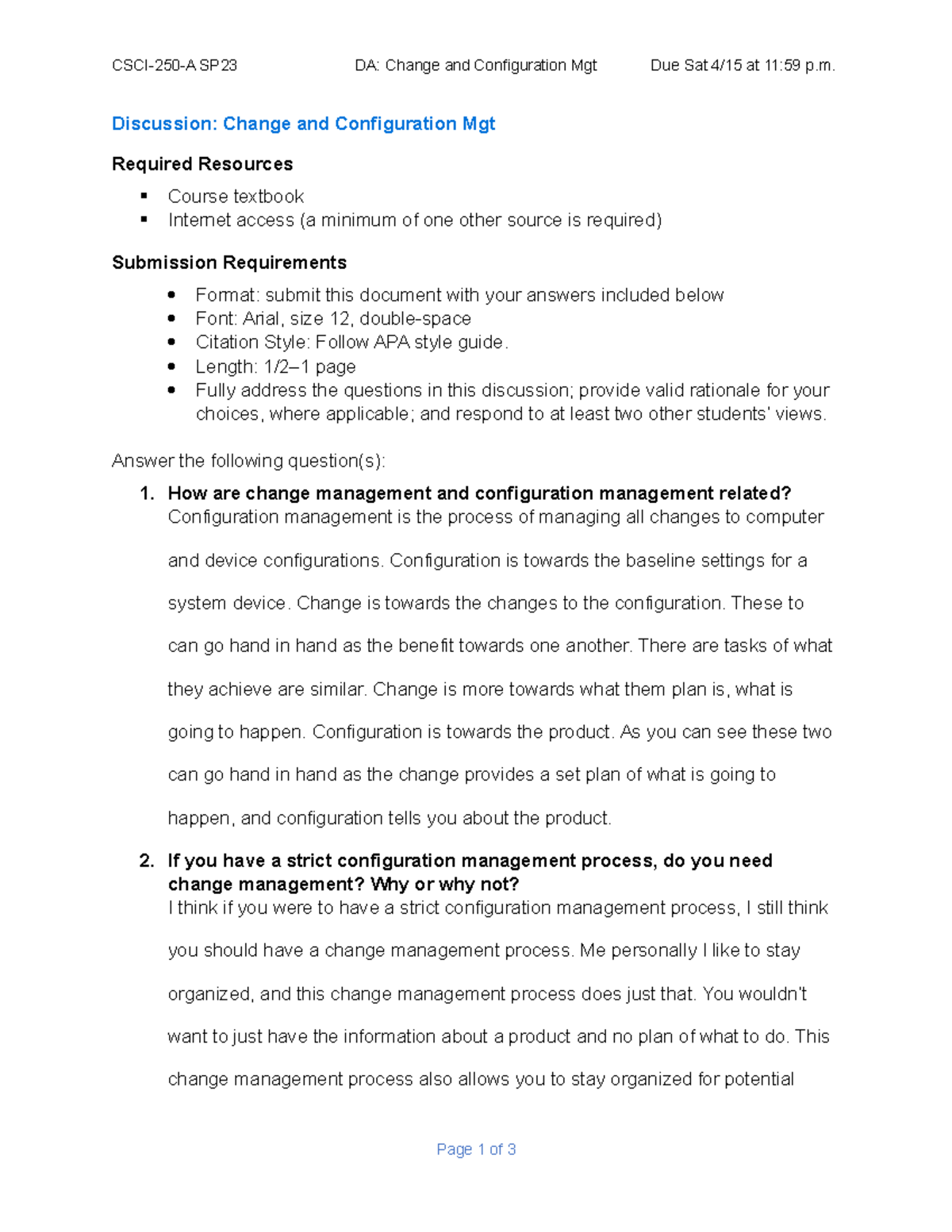 CSCI-250-A SP23 DA Change and Configuration Mgt - Discussion: Change ...