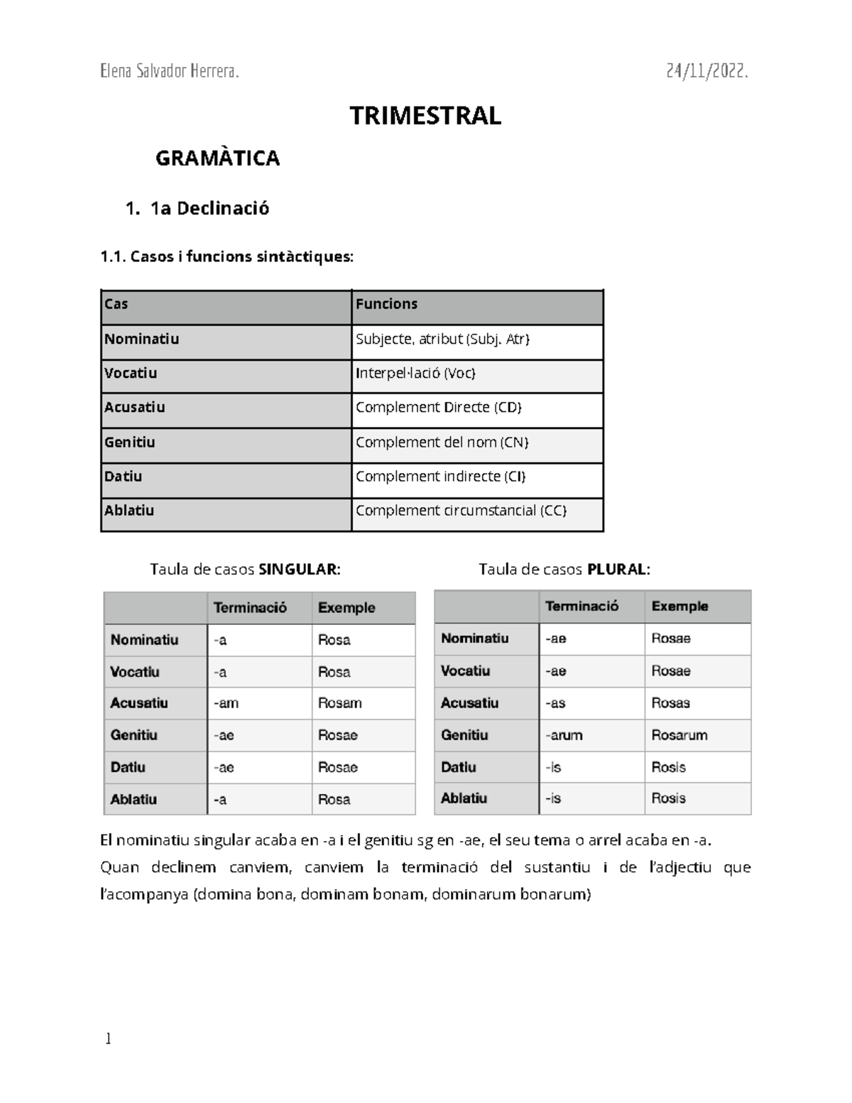Gramàtica Llatí 1r de Batxillerat - Elena Salvador Herrera. 24/11/2022 ...