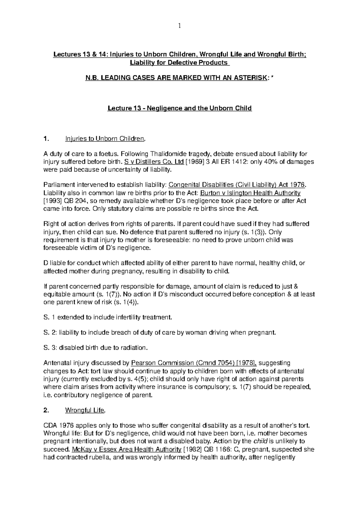 Tort Lecture 13+14 - Lectures 13 & 14: Injuries to Unborn Children ...