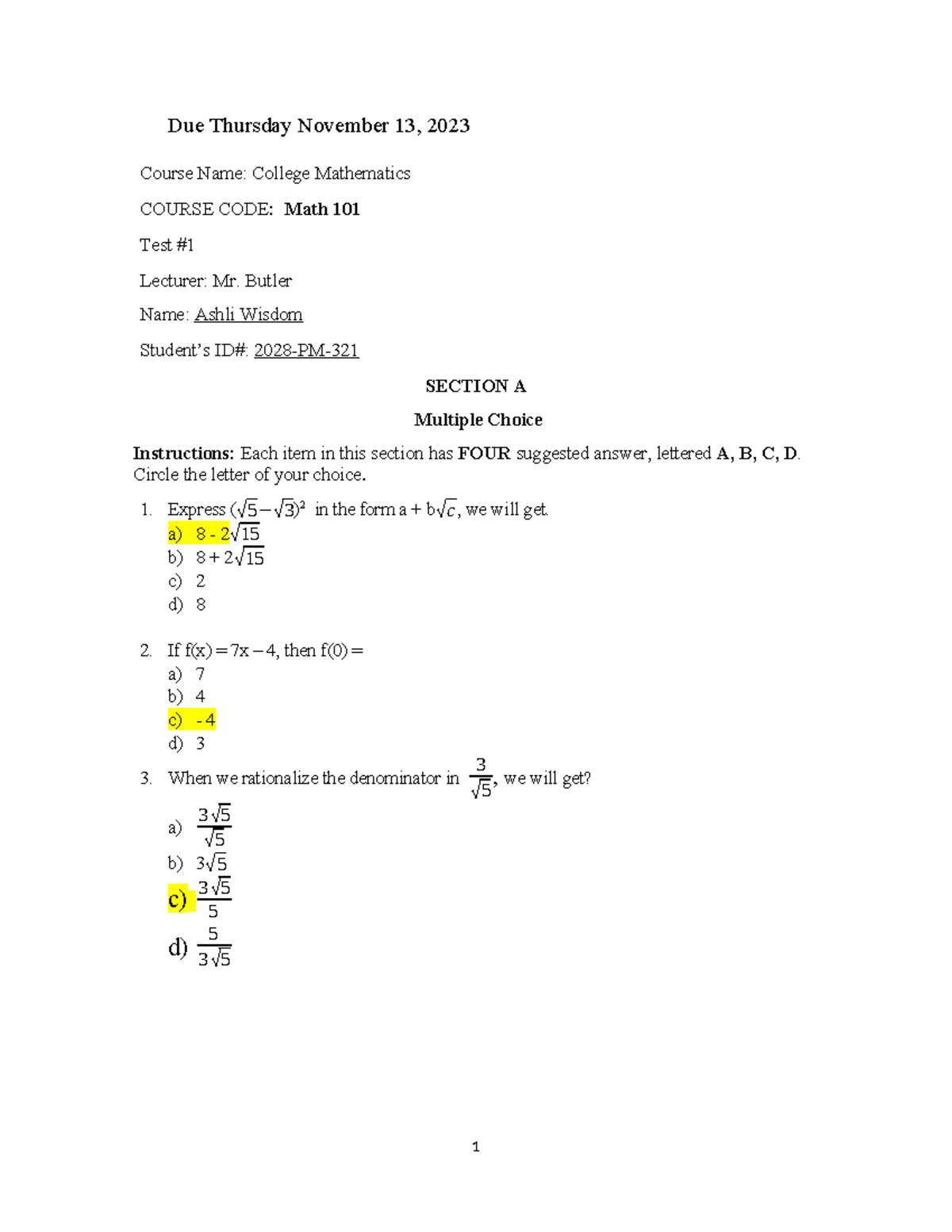 College Maths Test - Worksheet & Answers - Due Thursday November 13 ...