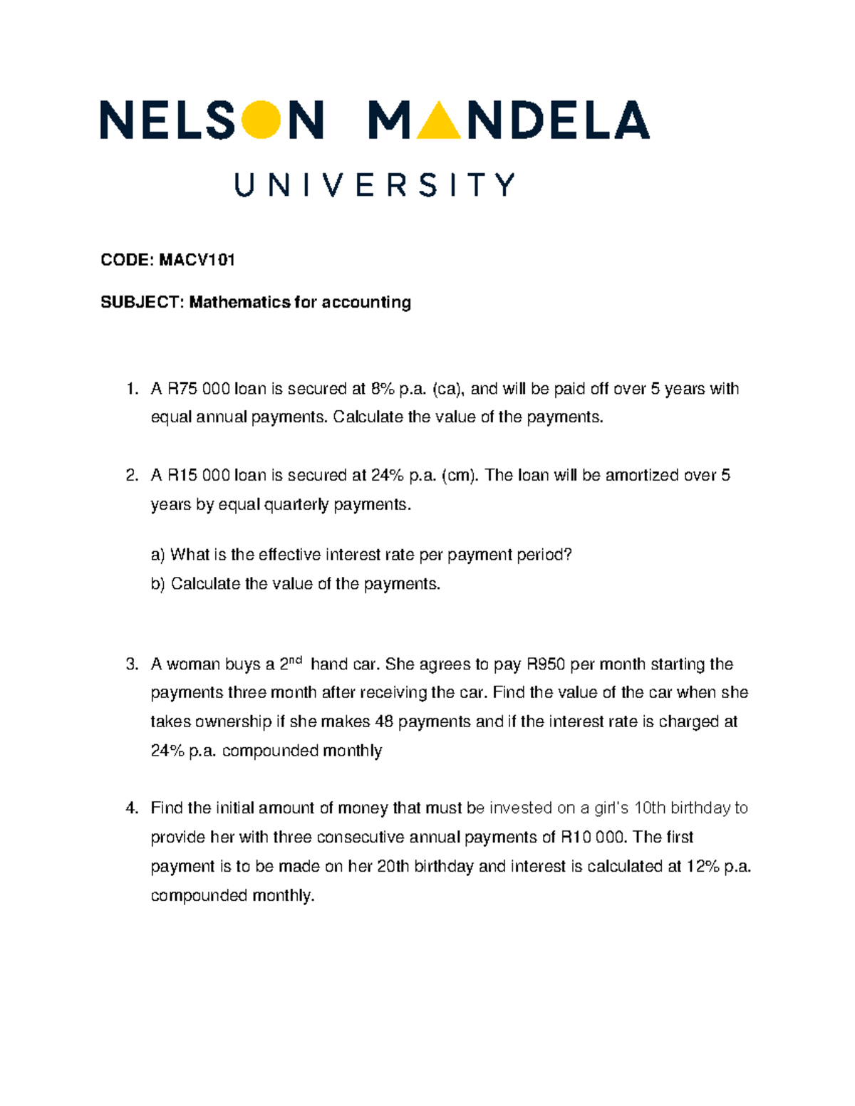 MACV 101 Chapter 2 Exercise - CODE: MACV SUBJECT: Mathematics for ...