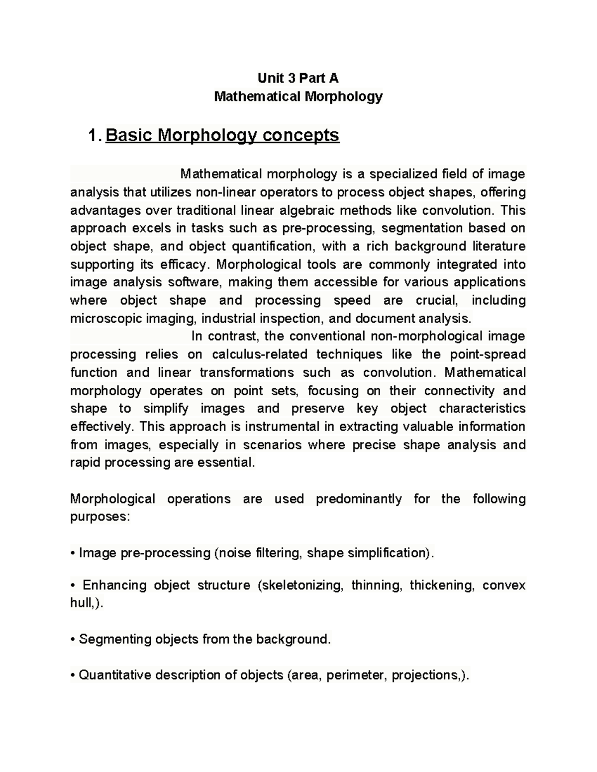 IP unit-3 part a - Unit 3 Part A Mathematical Morphology 1. Basic ...