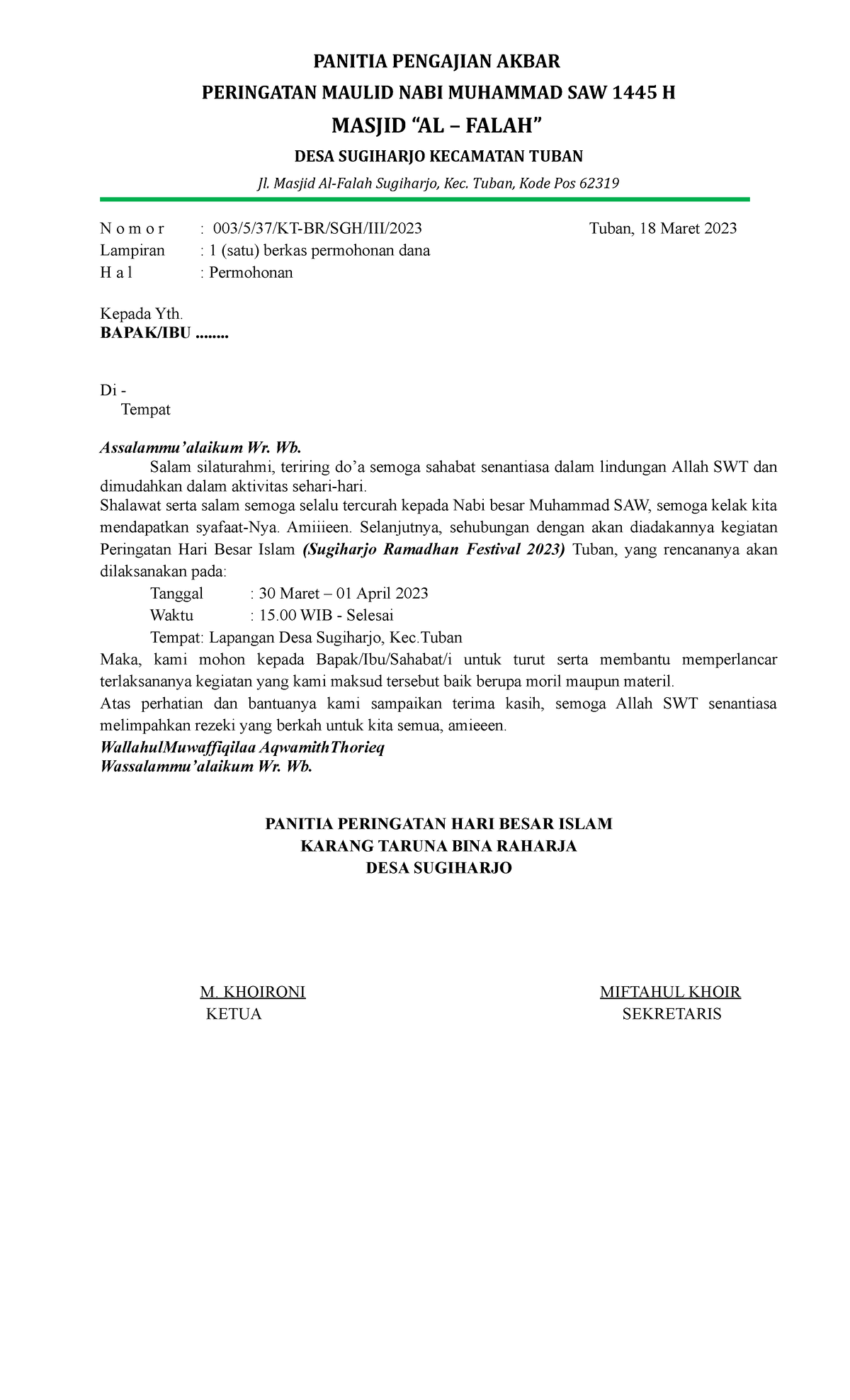 Proposal Sugiharjo Ramadhan FEST 2023 - PERINGATAN MAULID NABI MUHAMMAD ...