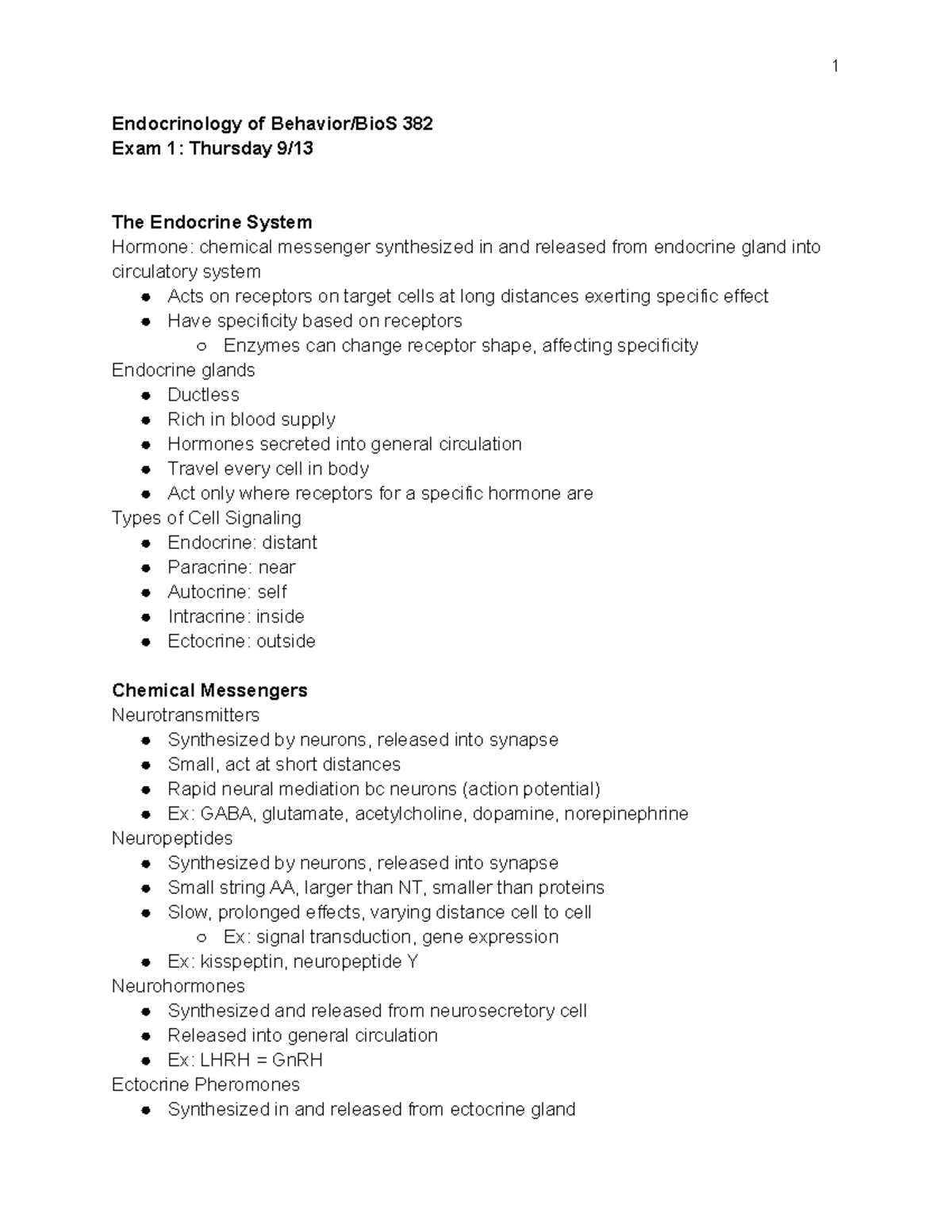 Copy of Exam 1 Study Guide - Endocrinology of Behavior/BioS 382 Exam 1 ...