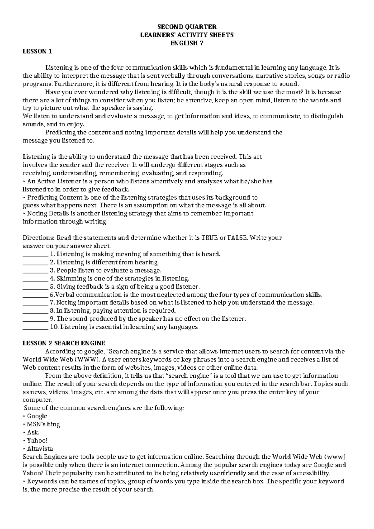 LAS Quarter 2 - LEARNING ACTIVITY SHEETS - SECOND QUARTER LEARNERS ...