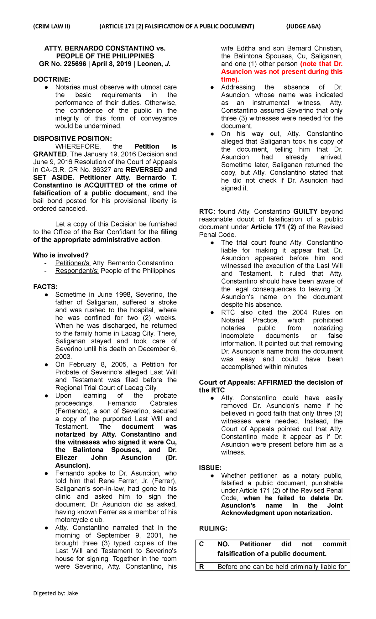 Constantino vs. People - (CRIM LAW II) (ARTICLE 171 [2] FALSIFICATION ...