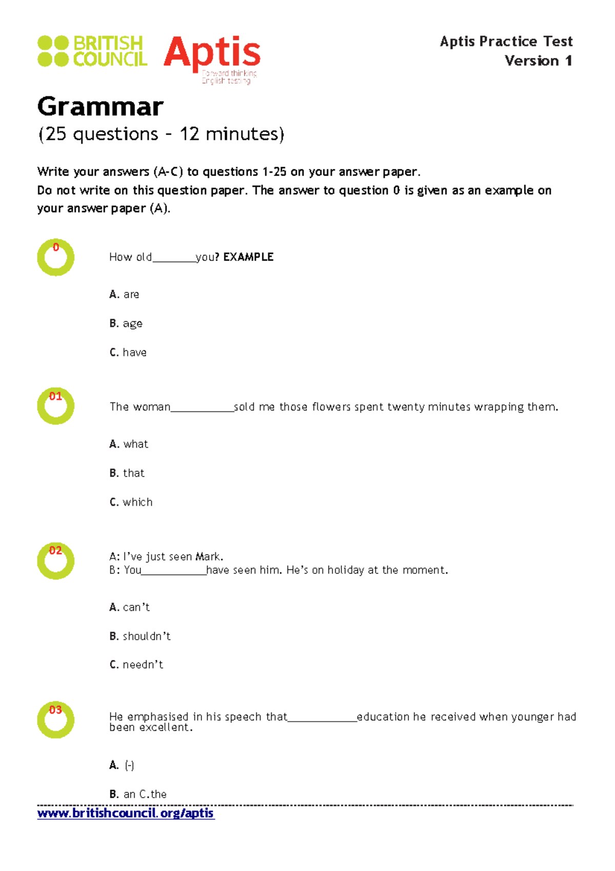 Grammar Aptis VER 1 1 1 - hhh - Aptis Practice Test Version 1 0 01 02 ...