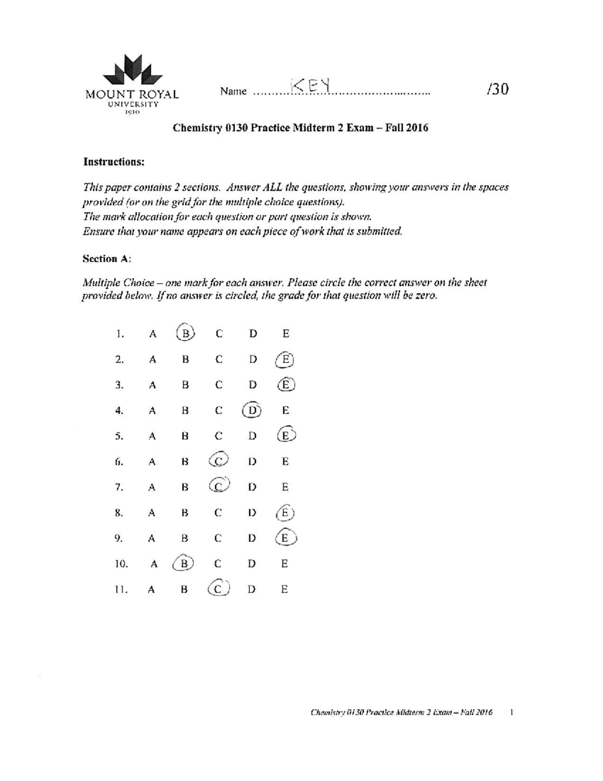 F16 Chem 0130 Practice Midterm 2 KEY - Chem 0130 - Studocu