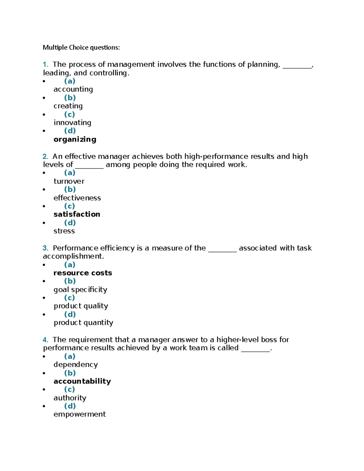 Multiple Choice Questions Multiple Choice Questions The Process Of