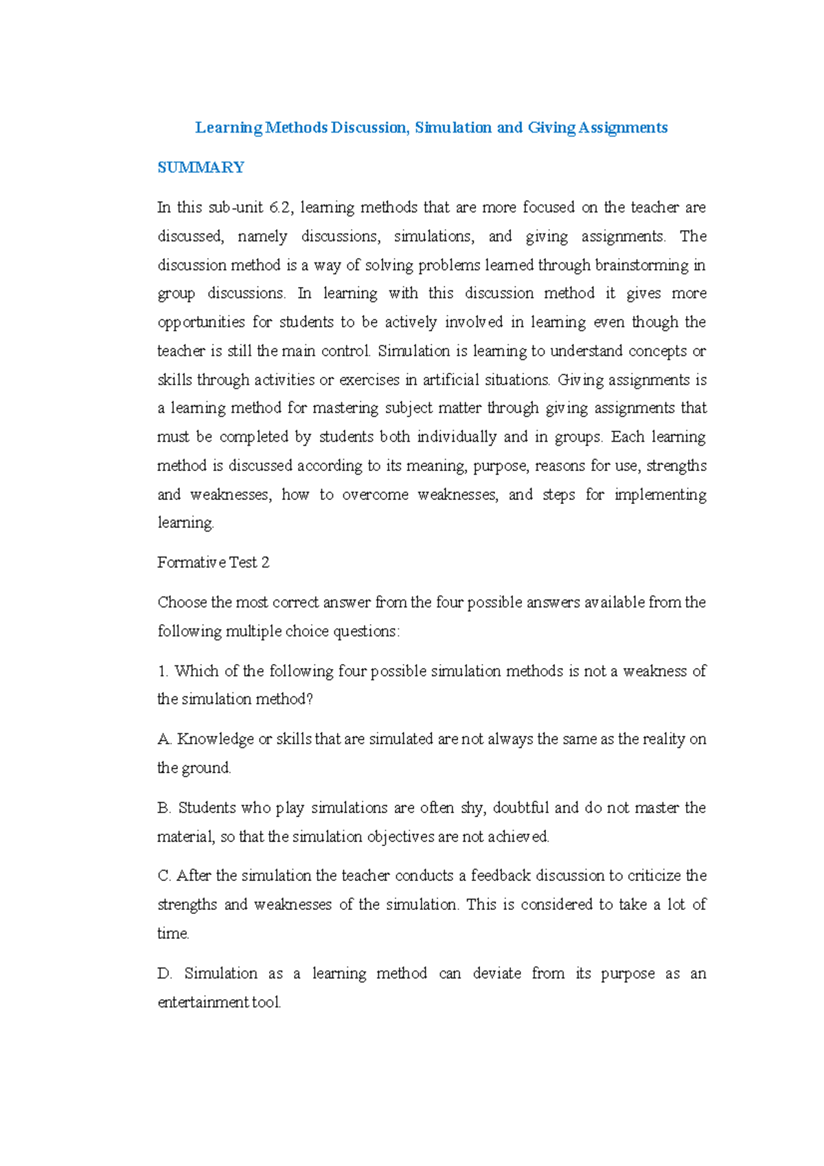 Learning Methods Discussion, Simulation and Giving Assignments 3 - The ...