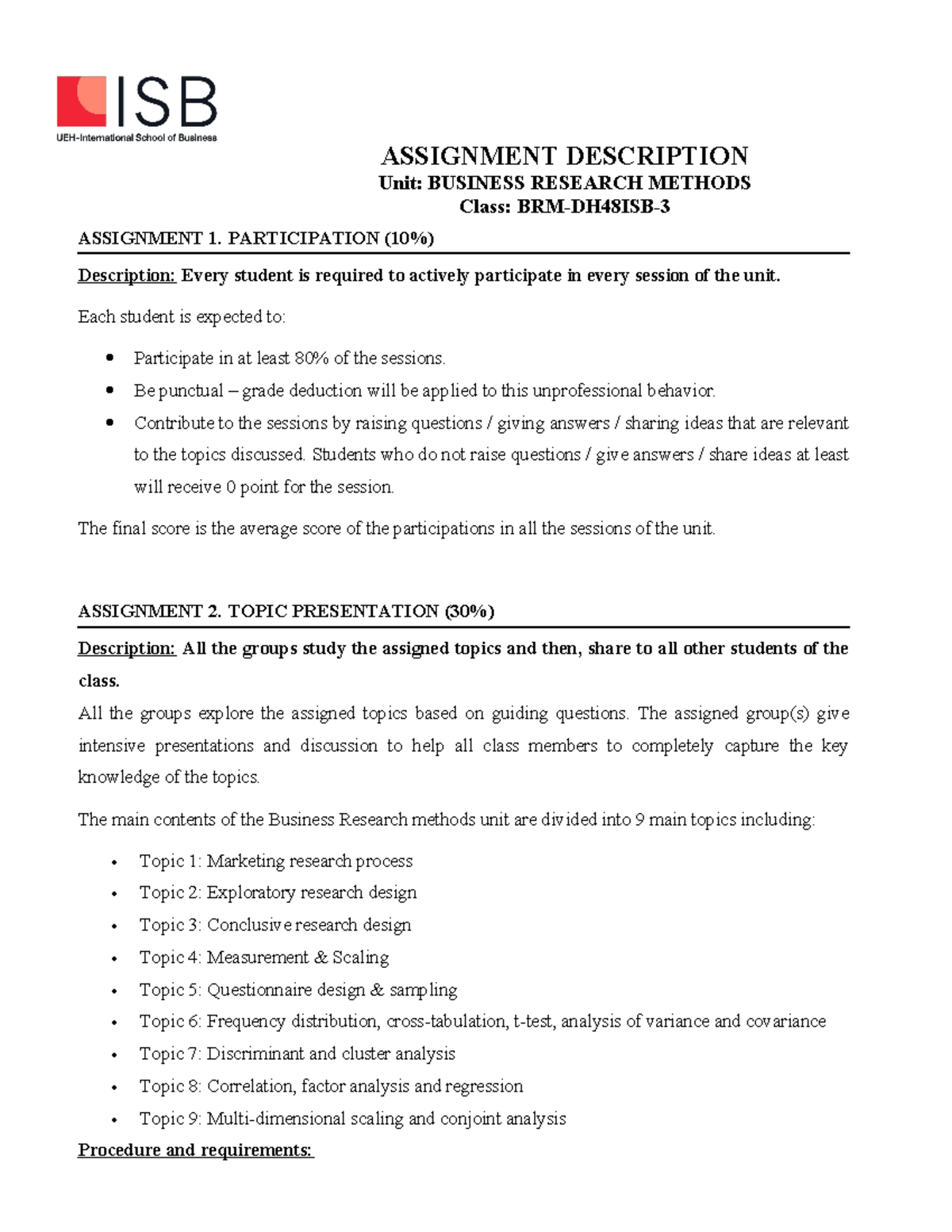 Assignments-description BRM-DH48ISB-3 - ASSIGNMENT DESCRIPTION Unit ...