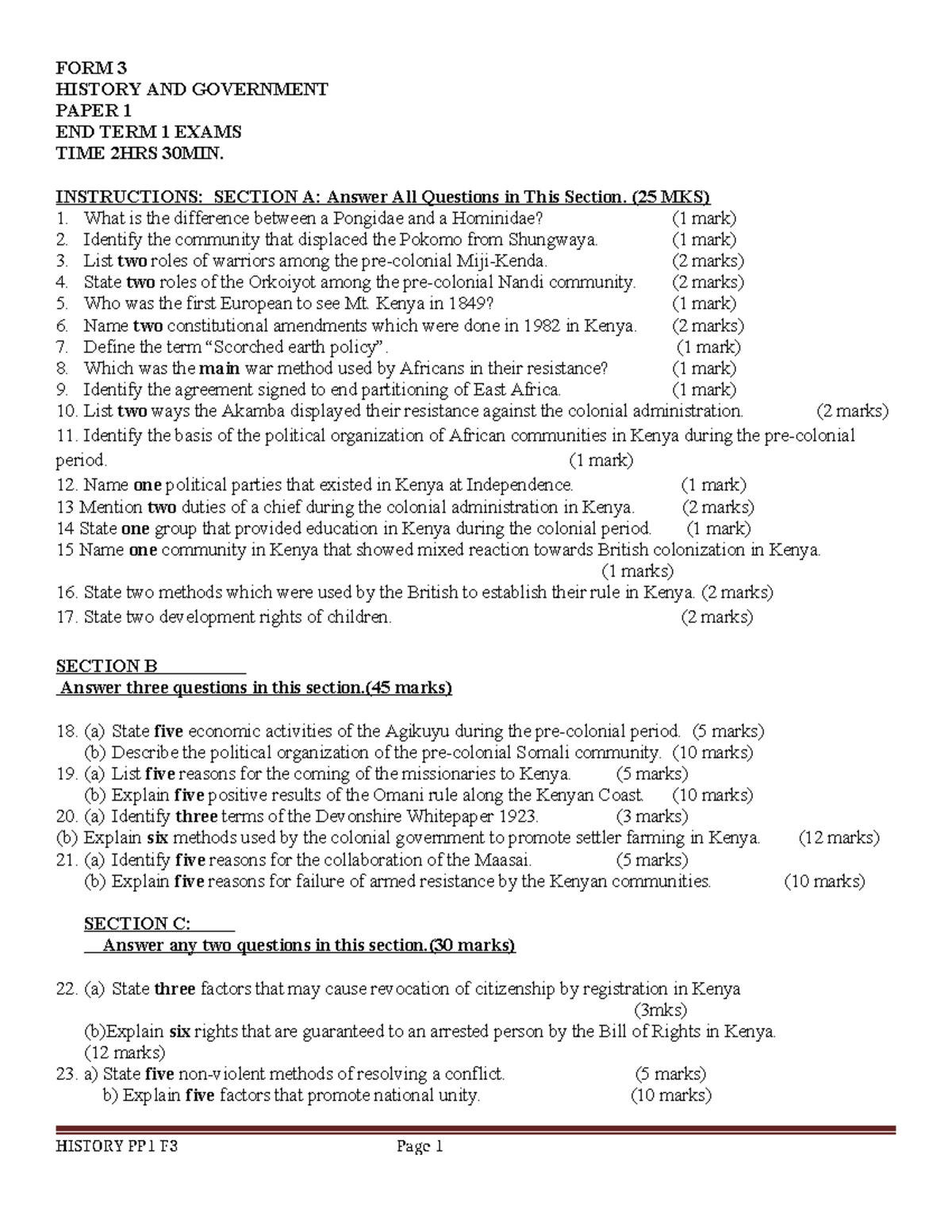 HIS F3 PP1 - history - FORM 3 HISTORY AND GOVERNMENT PAPER 1 END TERM 1 ...