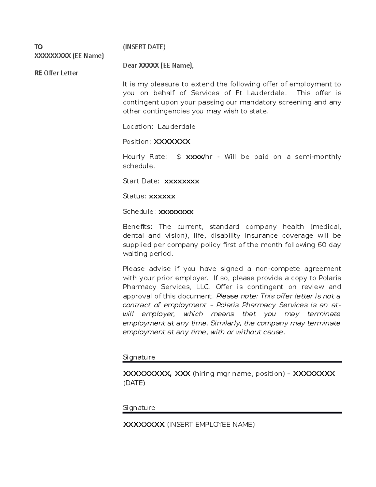 Offer Letter Doc - TO XXXXXXXXX (EE Name) RE Offer Letter (INSERT DATE ...