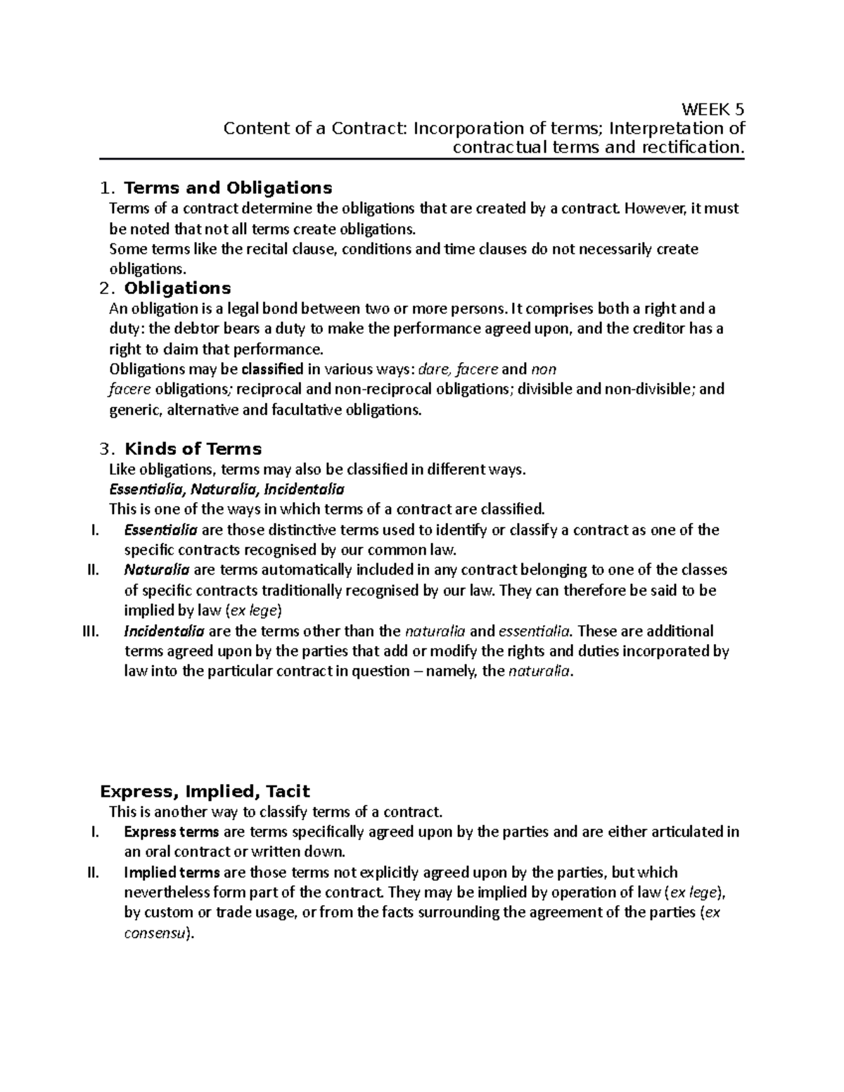 Week 5 - content of a contract-incorporation of terms; interpretation ...