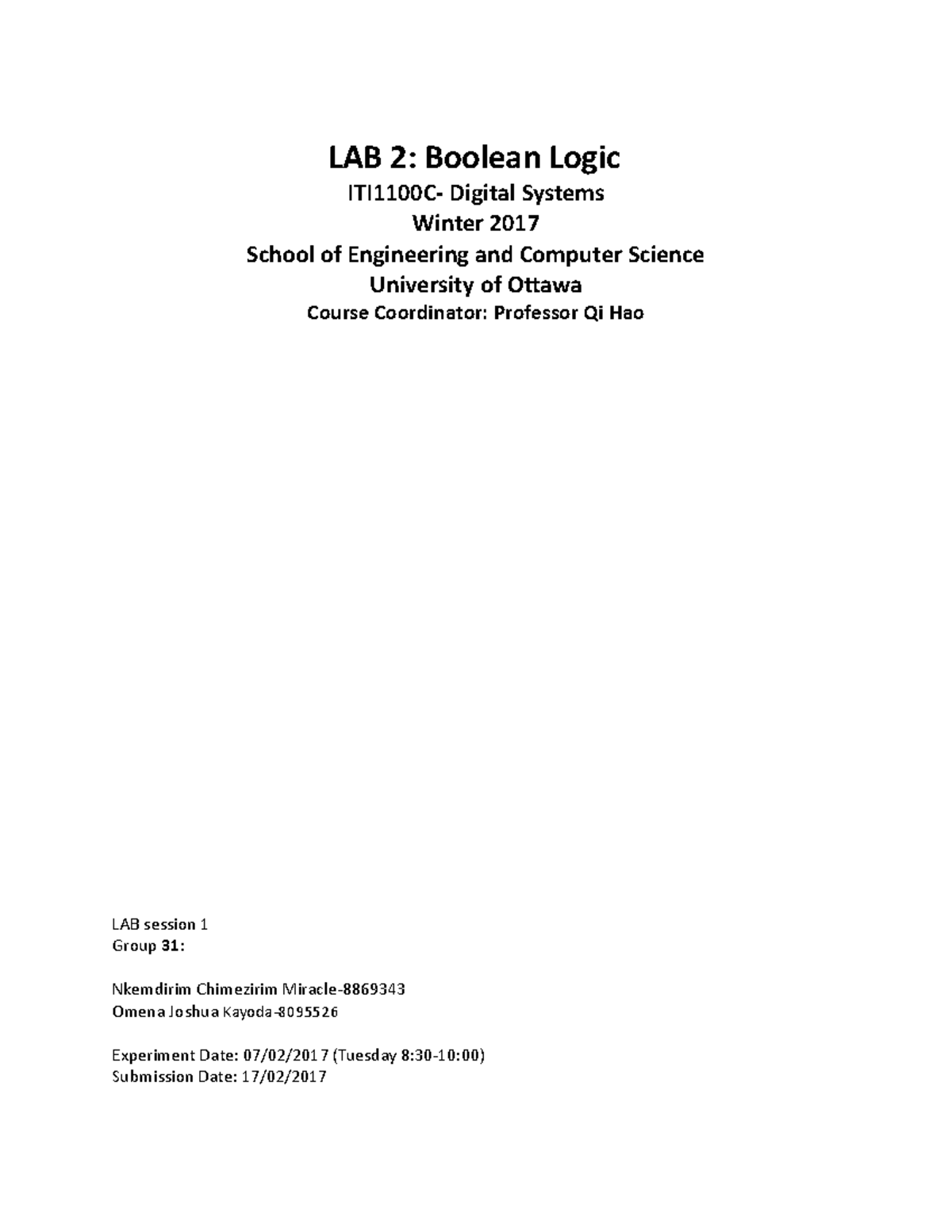 ITI LAB 2 - ASSIGNMENT - LAB 2: Boolean Logic Digital Systems Winter ...