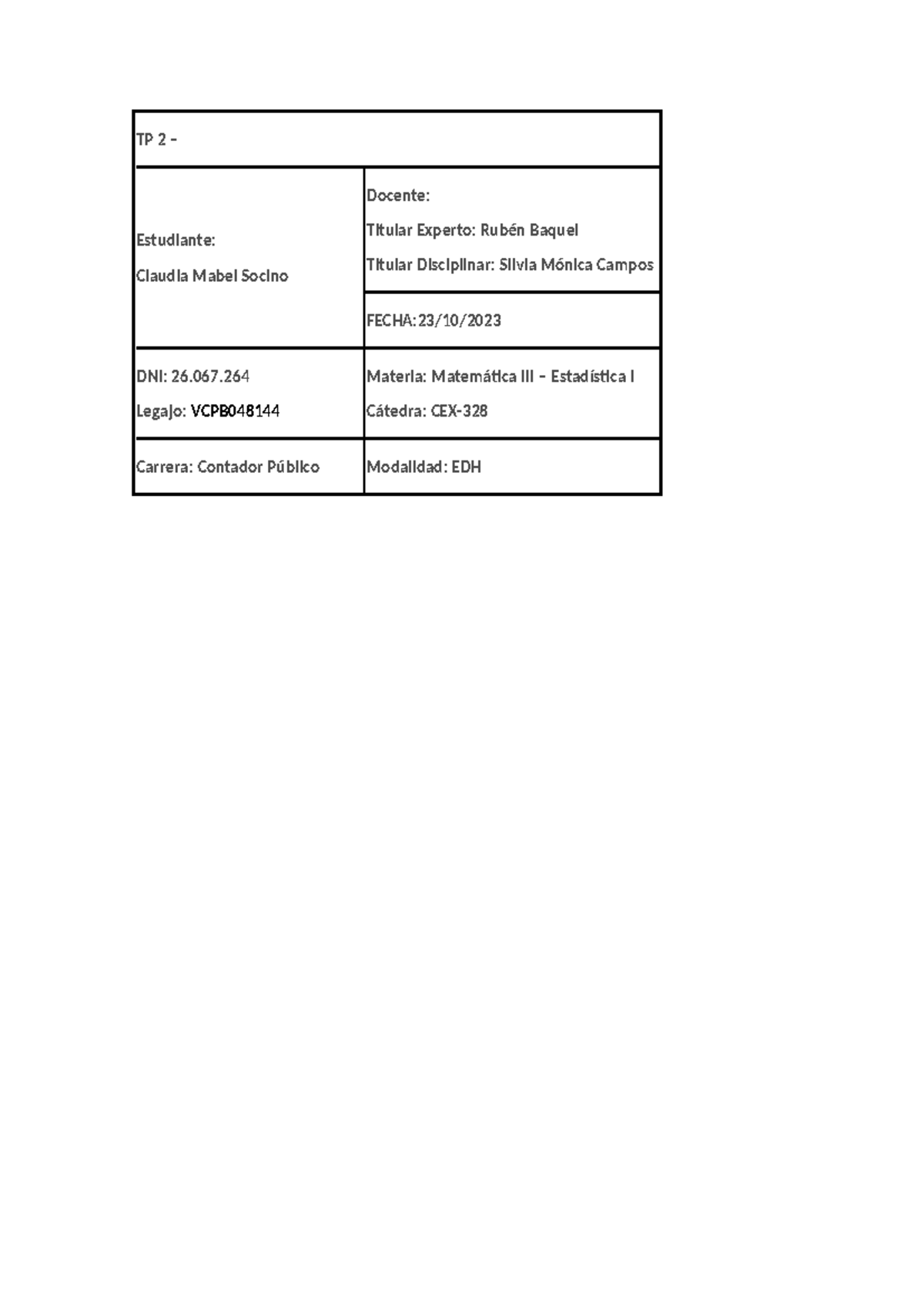 TP 2 - Punto 2 Entregable - TP 2 – Estudiante: Claudia Mabel Socino Docente: Titular Experto ...