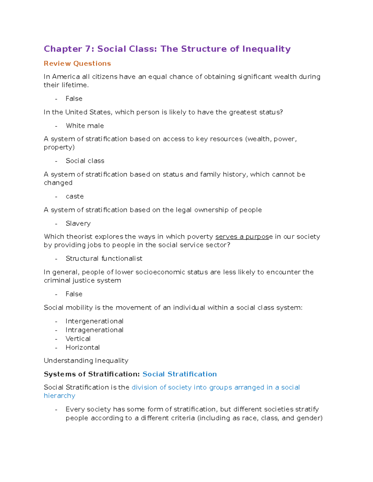 Chapter 7 - lecture notes - Chapter 7: Social Class: The Structure of ...