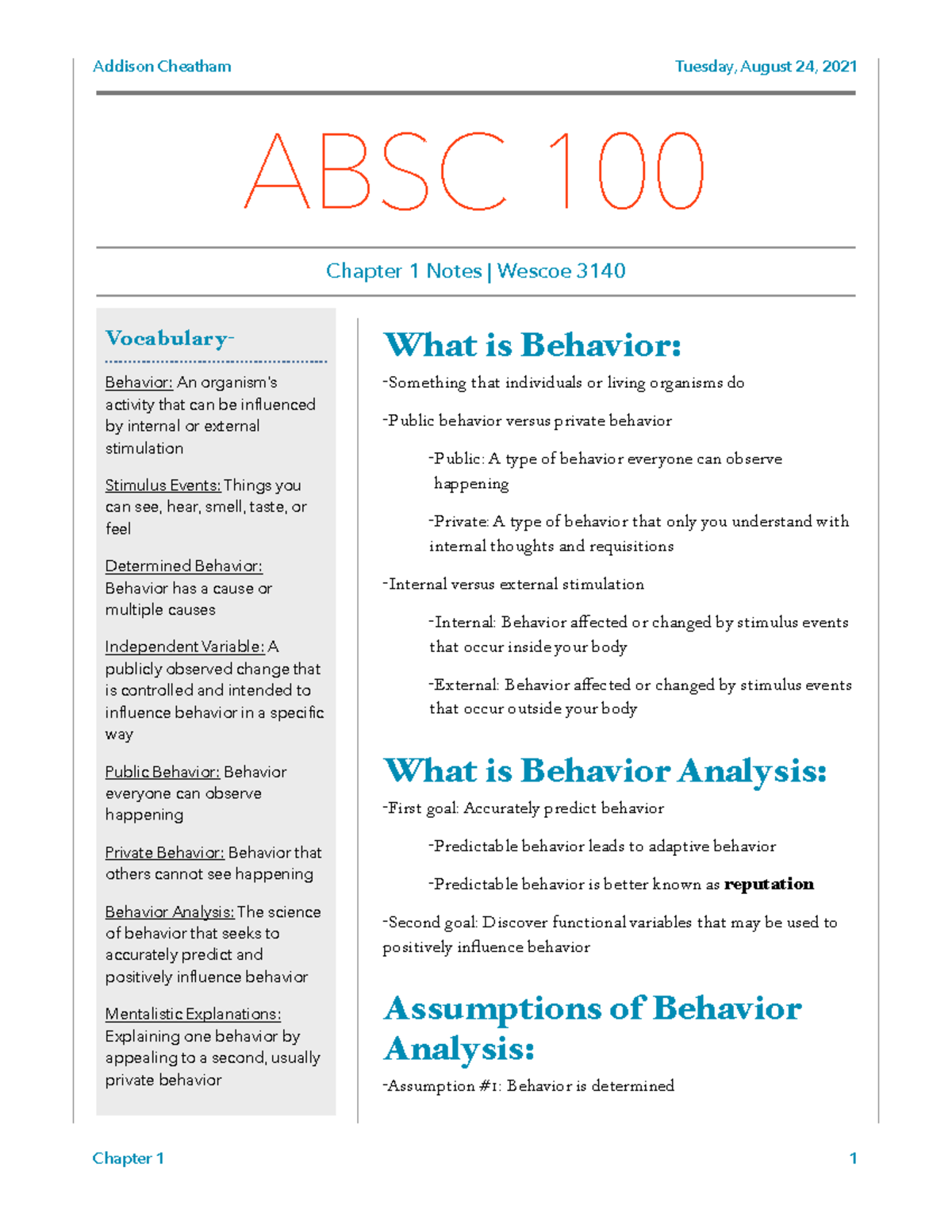 Chapter 1 - ABSC 100 - Addison Cheatham Tuesday, August 24, 2021 What ...